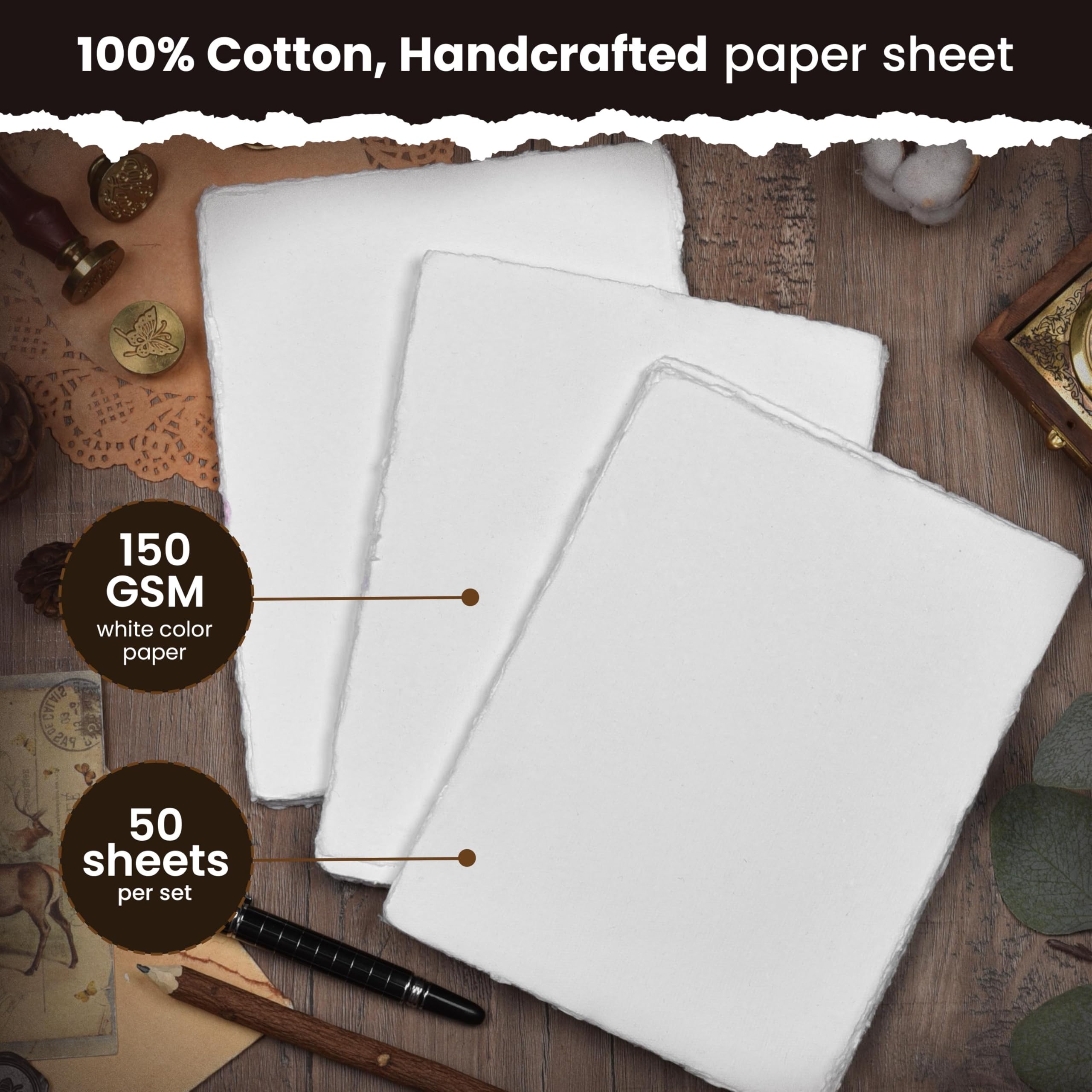 Watercolor Paper - 6 X 4 inches - Mixed Media Watercolor Paper - 200 GSM Thick Deckle Edge Virgin Cotton Handmade Paper - Off White