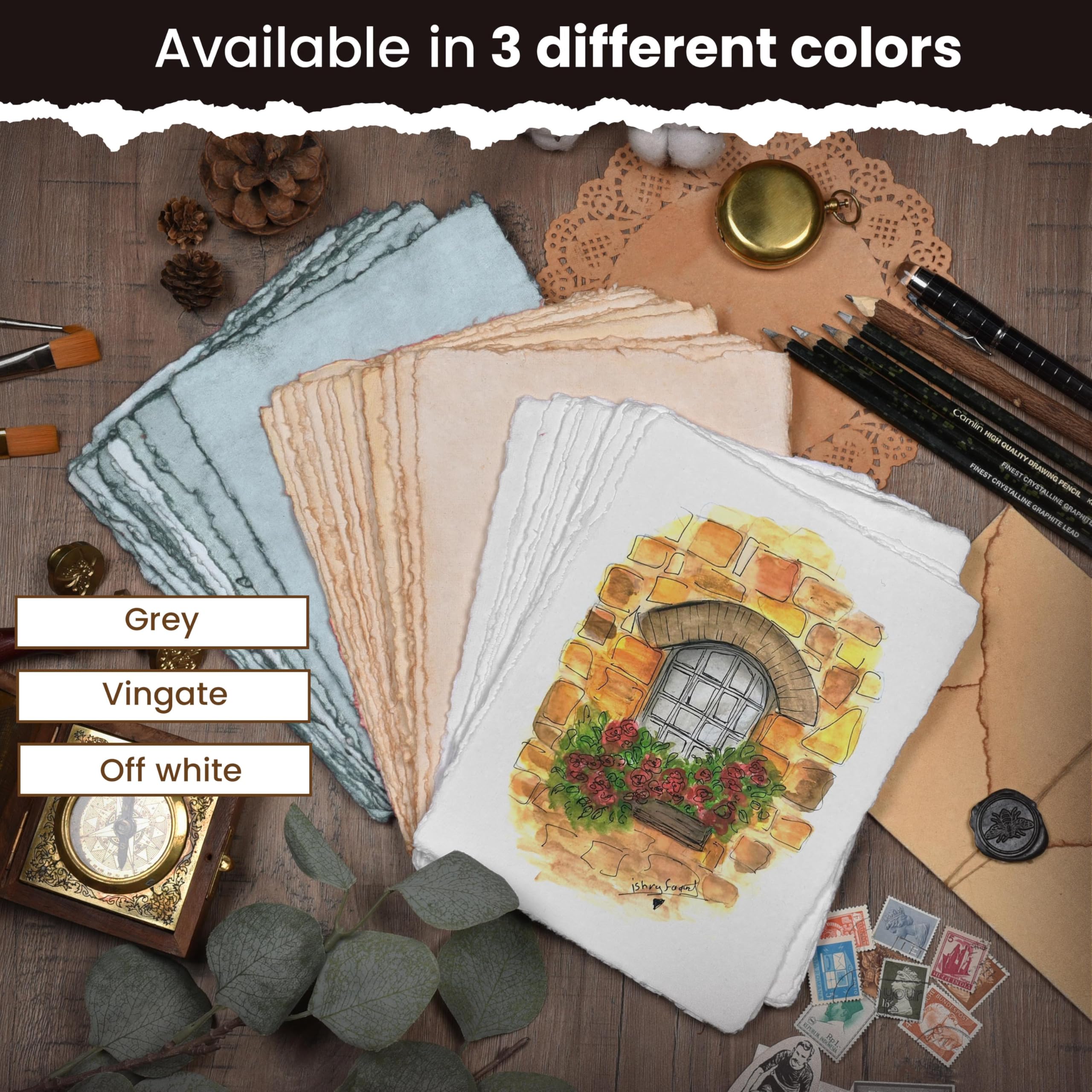 Watercolor Paper - 6 X 4 inches - Mixed Media Watercolor Paper - 200 GSM Thick Deckle Edge Virgin Cotton Handmade Paper - Off White