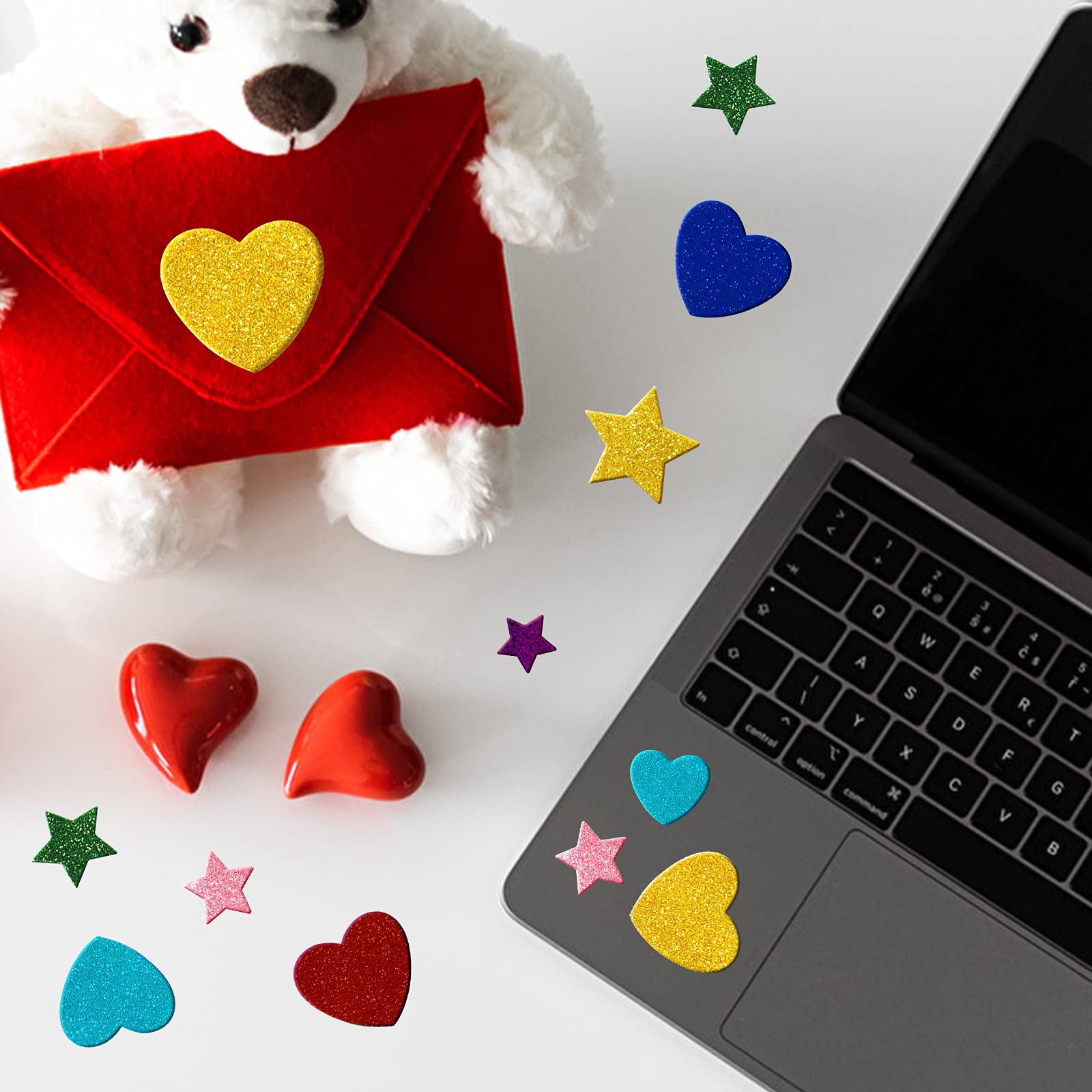 450 Pieces Colorful Glitter Foam Stickers Self Adhesive Stars Mini Heart Shapes Glitter Stickers, Kid's Arts Craft Supplies Greeting Cards Stars Shapes Foam Stickers