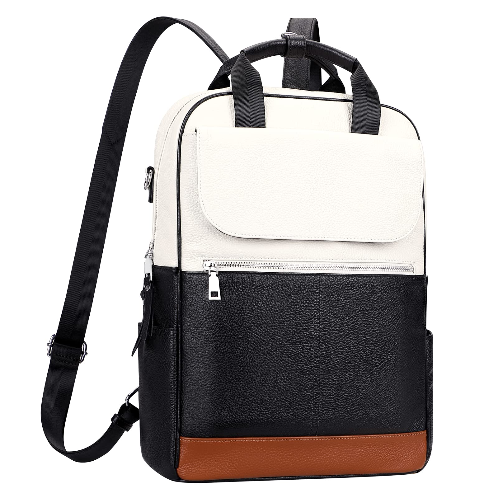 ALTOSY Leather Laptop Backpack for Women Men Convertible Tote Bag Purse Travel Daypack Fits 14 Inch (S110 Black/White/Brown)