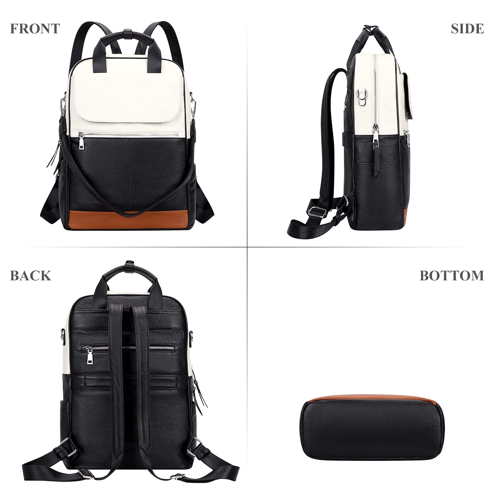 ALTOSY Leather Laptop Backpack for Women Men Convertible Tote Bag Purse Travel Daypack Fits 14 Inch (S110 Black/White/Brown)