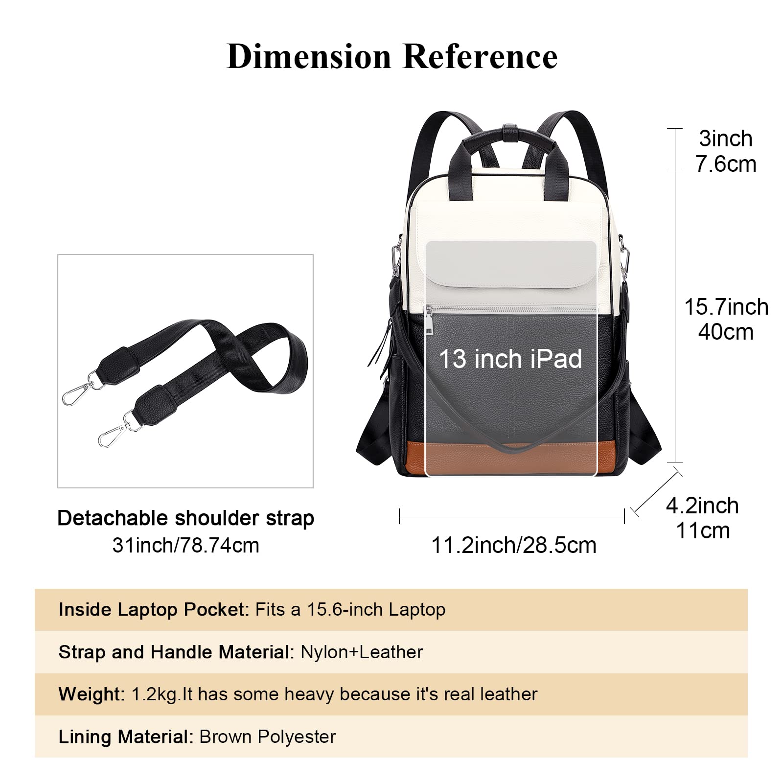 ALTOSY Leather Laptop Backpack for Women Men Convertible Tote Bag Purse Travel Daypack Fits 14 Inch (S110 Black/White/Brown)