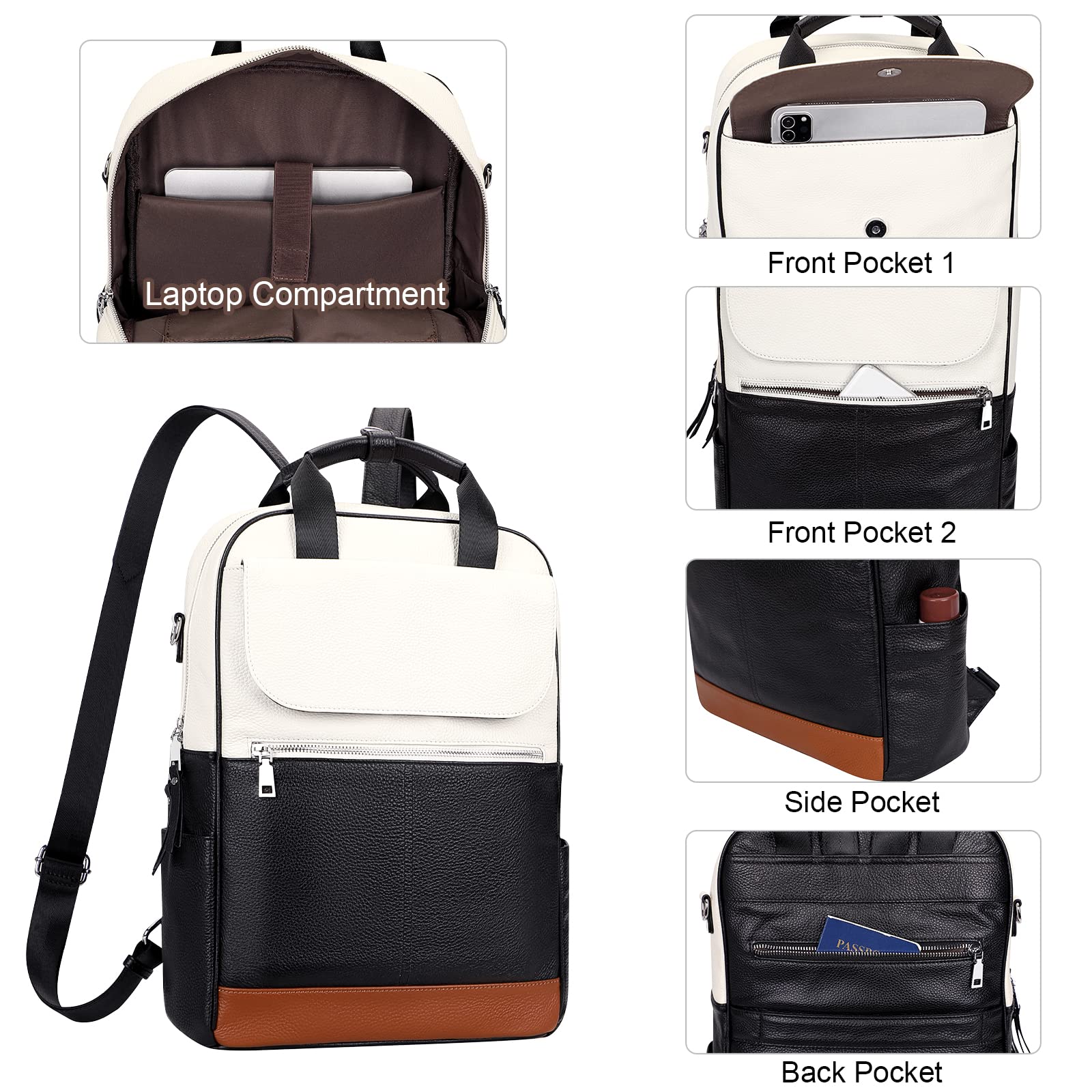 ALTOSY Leather Laptop Backpack for Women Men Convertible Tote Bag Purse Travel Daypack Fits 14 Inch (S110 Black/White/Brown)