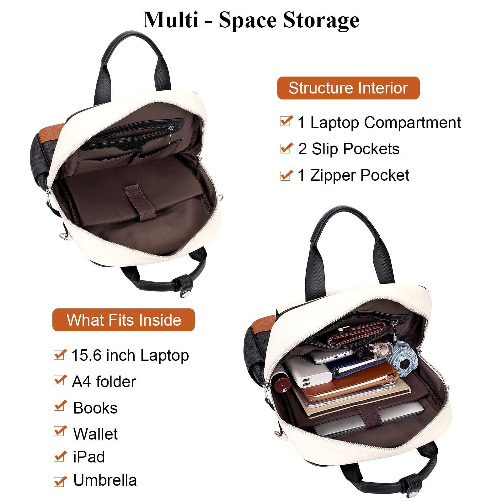 ALTOSY Leather Laptop Backpack for Women Men Convertible Tote Bag Purse Travel Daypack Fits 14 Inch (S110 Black/White/Brown)