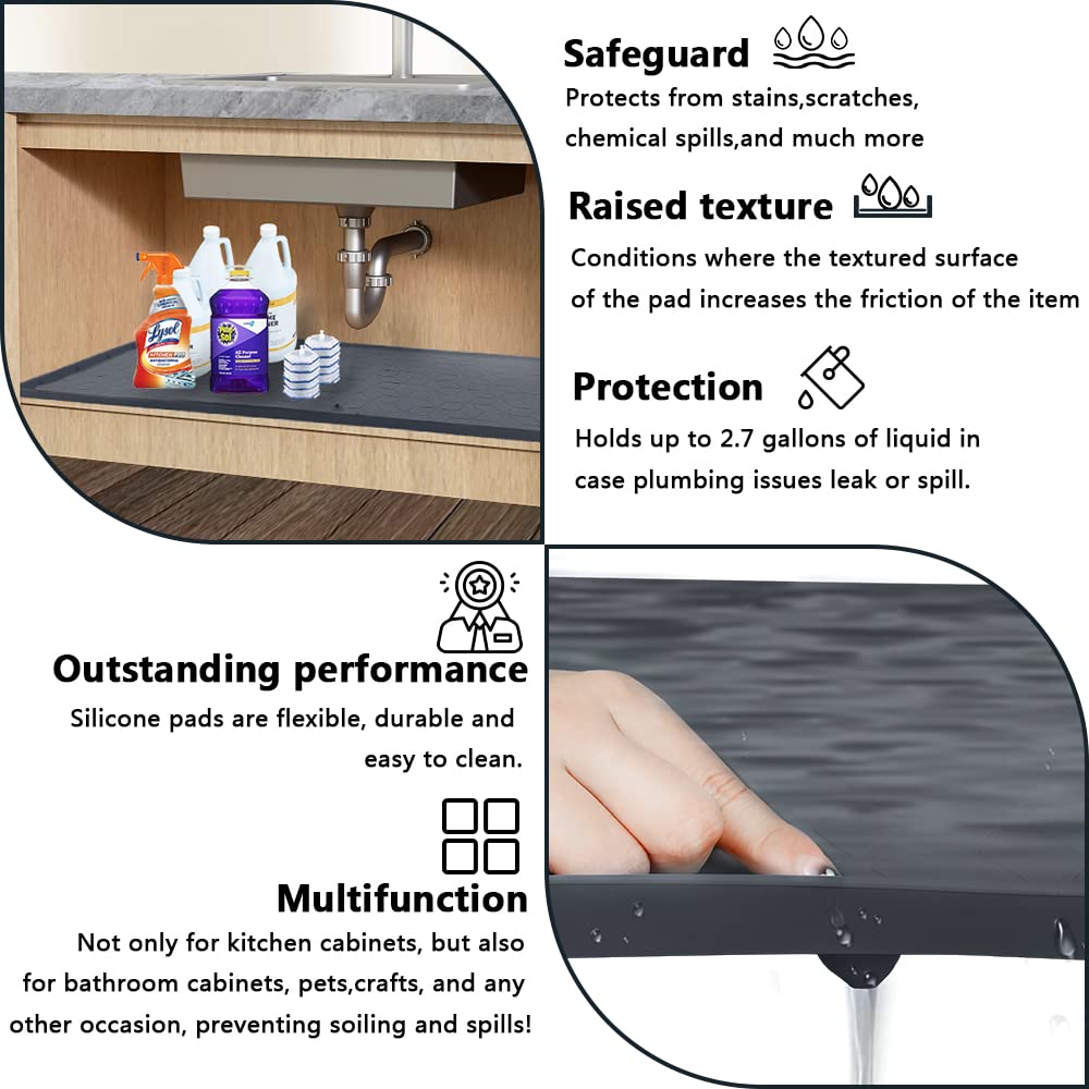 VDGPWA 34" x 22" Silicone Under Sink Mat, Waterproof Cabinet Protector & Drip Tray Liner for Bathroom Kitchen Gray