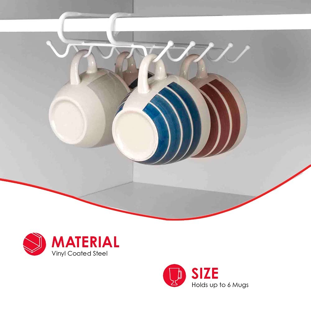 Home Basics 10 Hook Under Shelf Mugs Cup Storage Drying Holder Rack, and closet or Cabinet Hanging Organizer Rack for Ties and Belts, White