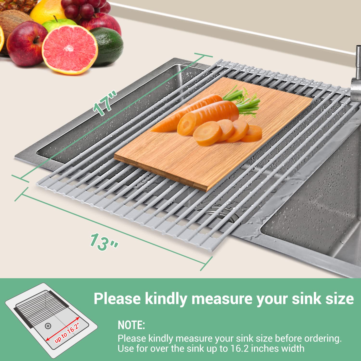 Ohuhu Over Sink Dish Drying Rack, 2 Pack Roll Up Drying Rack 17" L x 13" W Heat-Resistant Anti-Slip Silicone Coated Sink Drying Racks Mat for Kitchen Counter Organizer
