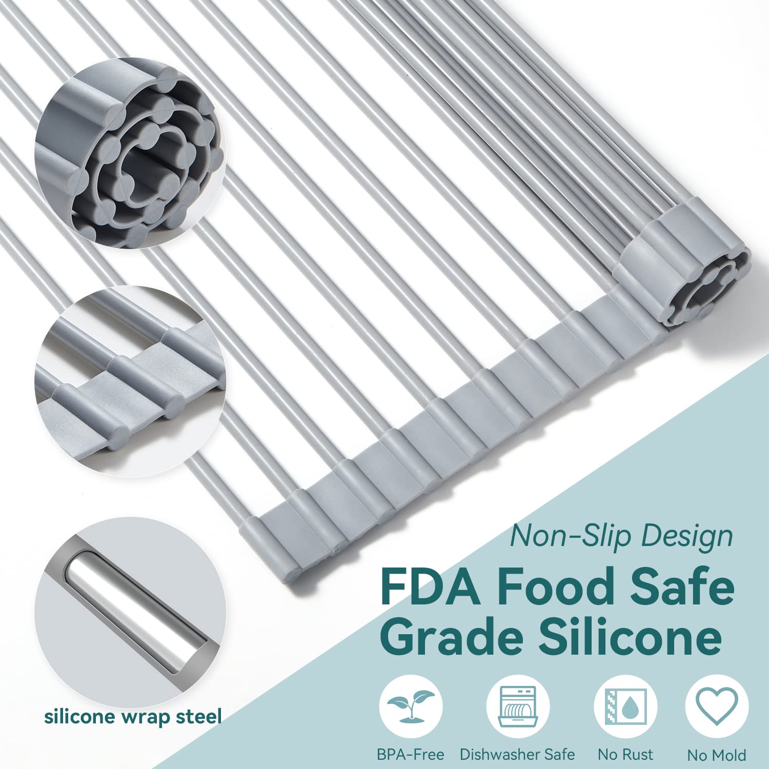 Ohuhu Over Sink Dish Drying Rack, 2 Pack Roll Up Drying Rack 17" L x 13" W Heat-Resistant Anti-Slip Silicone Coated Sink Drying Racks Mat for Kitchen Counter Organizer