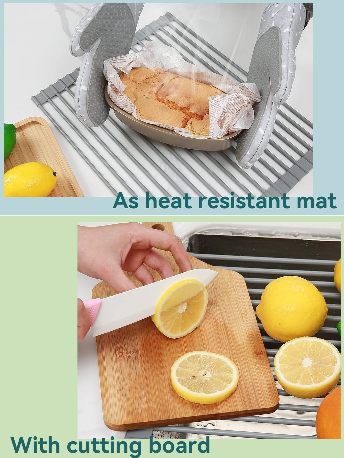 Ohuhu Over Sink Dish Drying Rack, 2 Pack Roll Up Drying Rack 17" L x 13" W Heat-Resistant Anti-Slip Silicone Coated Sink Drying Racks Mat for Kitchen Counter Organizer