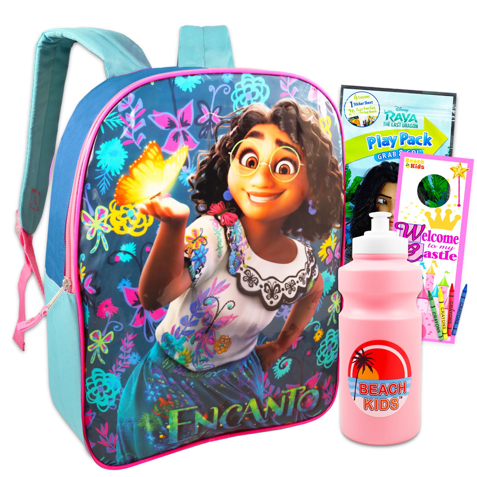 Encanto Backpack for Girls Disney - Bundle with 15" Encanto Backpack, Water Bottle, Mini Coloring Book, Stickers, More | Encanto Backpack Set