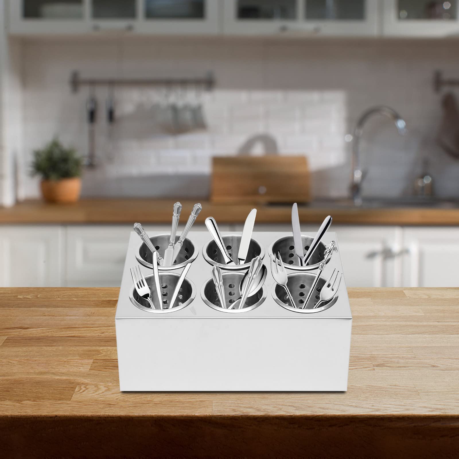 TFCFL Flatware Cylinder Holder,Commercial 4-Hole Stainless Steel Cylinder Flatware Silverware Utensil Holder Organizer Caddy 20x6.1x6.3inch,Silver (4-Hole)