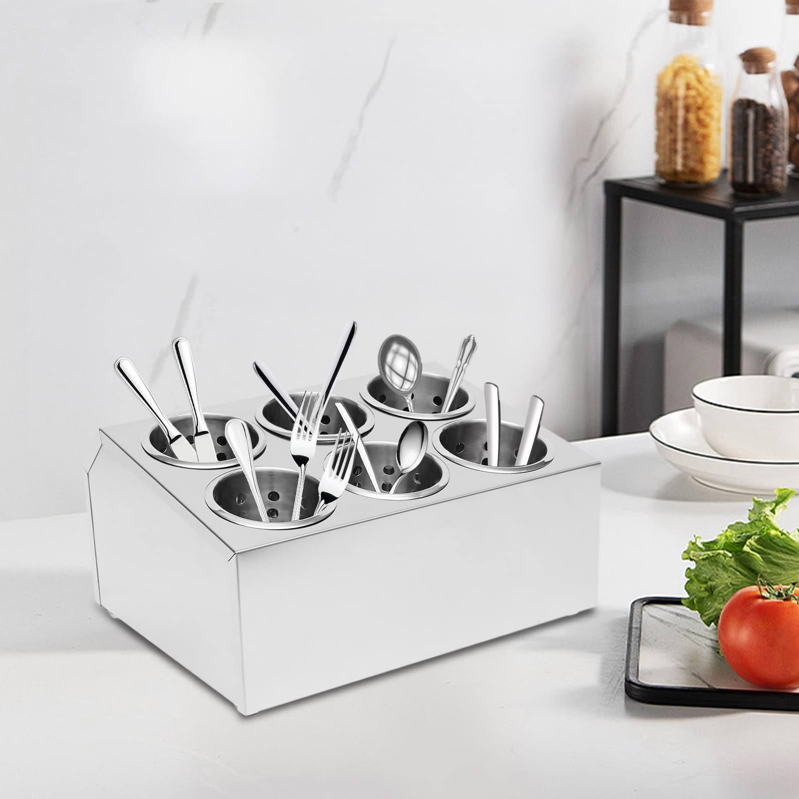 TFCFL Flatware Cylinder Holder,Commercial 4-Hole Stainless Steel Cylinder Flatware Silverware Utensil Holder Organizer Caddy 20x6.1x6.3inch,Silver (4-Hole)