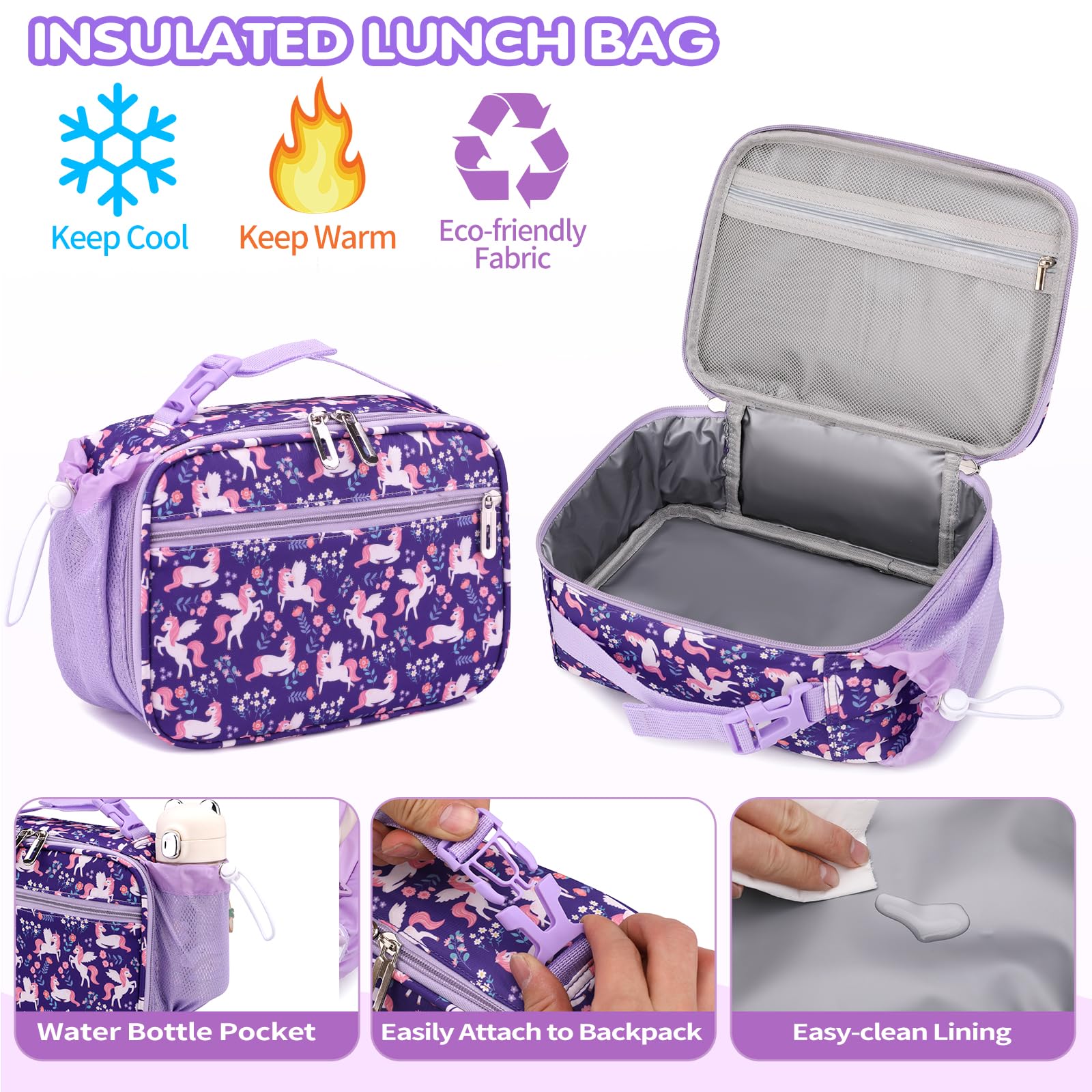 School Backpack Kids Set Middle Elementary Preschool Kindergarten with Lunch Bag & Pencil Case Bookbags for Boys Girls Teen (Unicorn-Navy Blue)