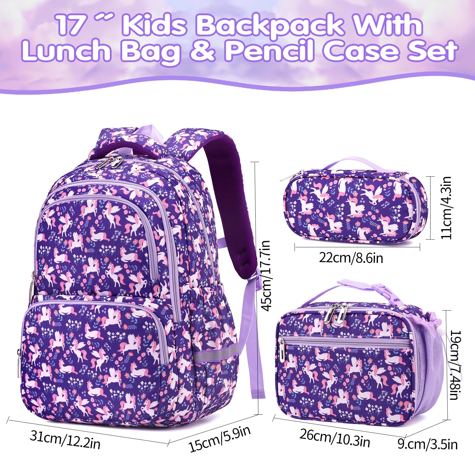 School Backpack Kids Set Middle Elementary Preschool Kindergarten with Lunch Bag & Pencil Case Bookbags for Boys Girls Teen (Unicorn-Navy Blue)