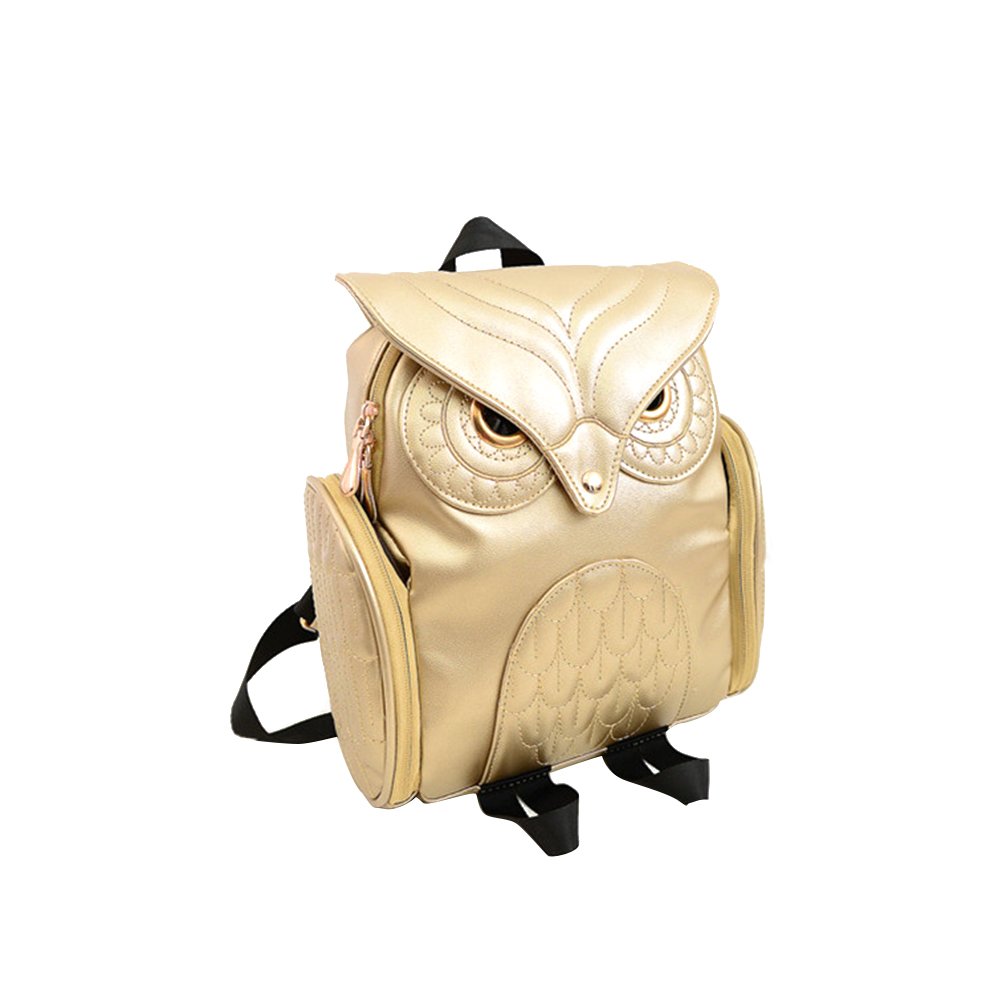 TENDYCOCO Women Girls PU Leather Owl Cartoon Backpack Fashion Casual Satchel School Purse (Gold) Medium