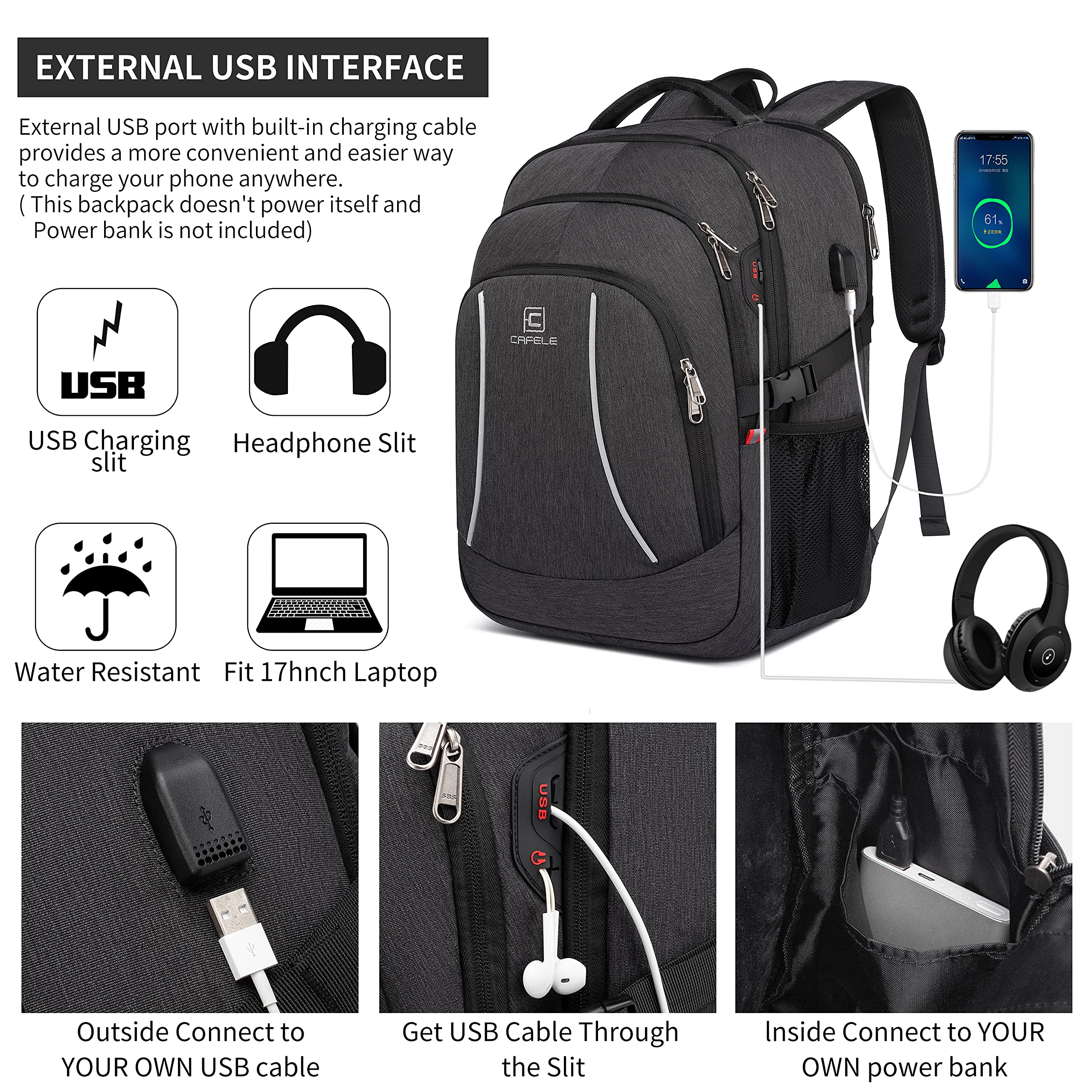 CAFELE Backpack,Large 17.3in Durable Travel Laptop Backpack, College Backpack, RFID Anti Theft Pocket Big Business Computer Bag,Water Resistant School Bookbag for Teens Men Women,Gifts Grey