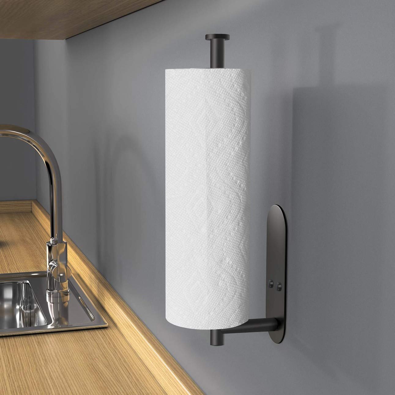VAEHOLD Adhesive Paper Towel Holder Under Cabinet Wall Mount for Kitchen Paper Towel, Black Paper Towel Roll Holder Stick to Wall, SUS304 Stainless Steel