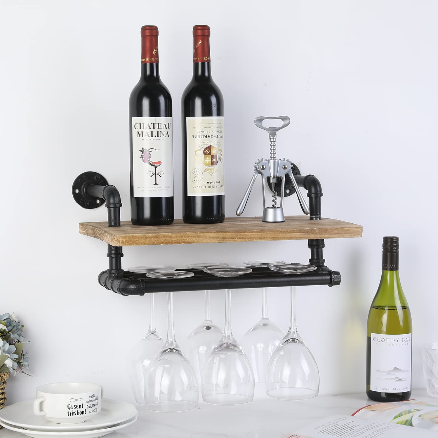 MyGift Industrial Black Metal Wine Glass Holder Wall Mount Rack with Display Shelf, Decorative Bar Stemware Hanger with Burnt Wood Floating Shelf - Holds 6 Glasses