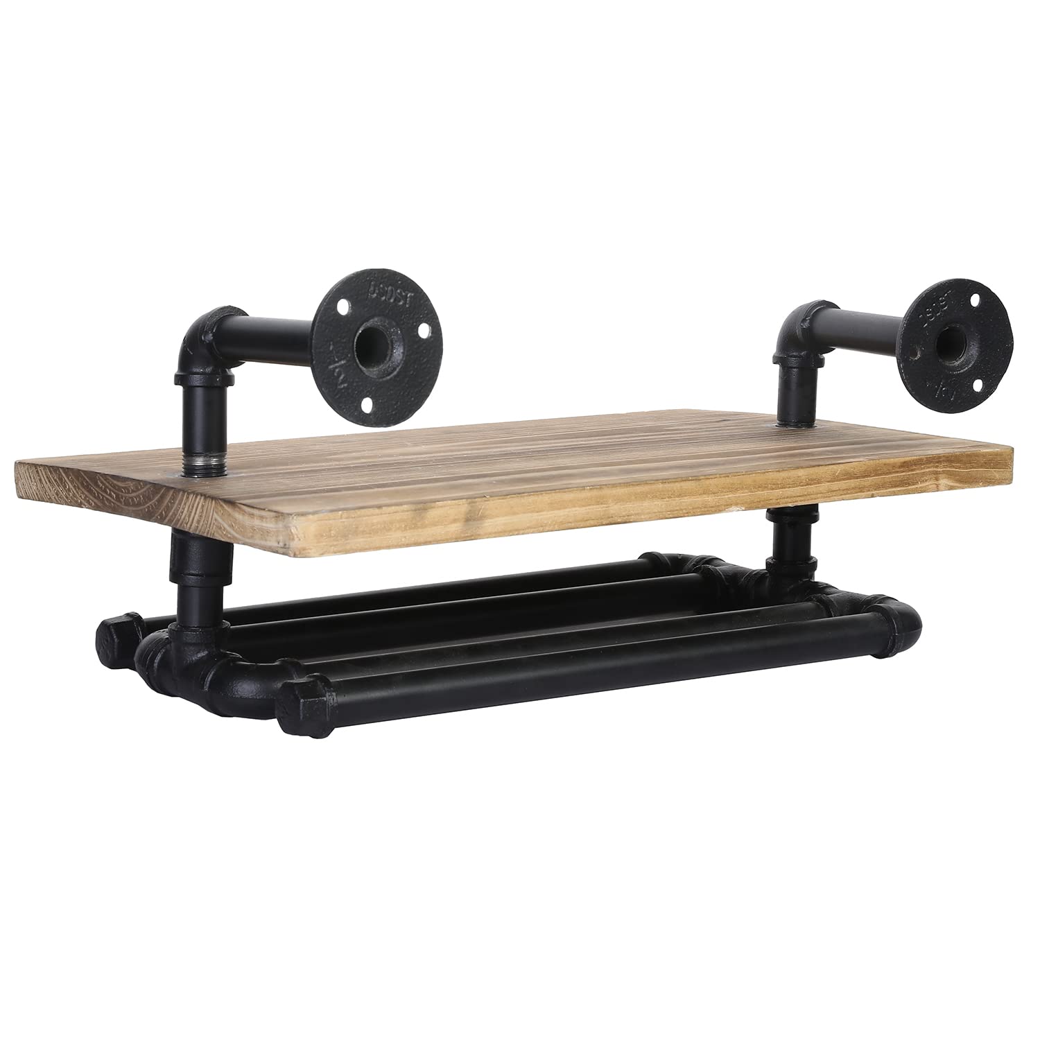 MyGift Industrial Black Metal Wine Glass Holder Wall Mount Rack with Display Shelf, Decorative Bar Stemware Hanger with Burnt Wood Floating Shelf - Holds 6 Glasses