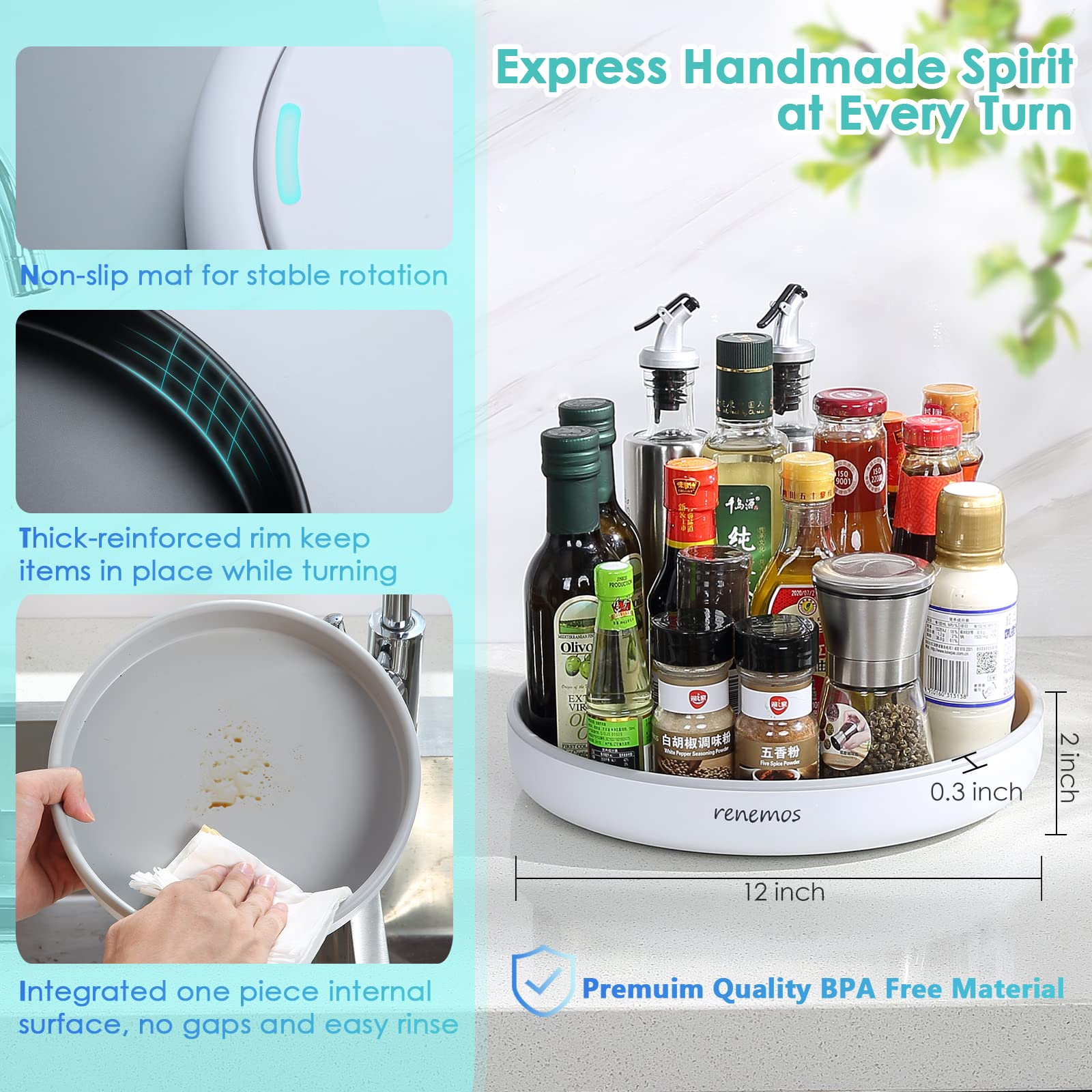 Large Lazy Susan 12 inch – Plastic Lazy Susan Organizer with 6 Steel Ball Bearings, Non-Slip Spinning Cabinet Turntable by renemos(White+Grey, 1 Pack)