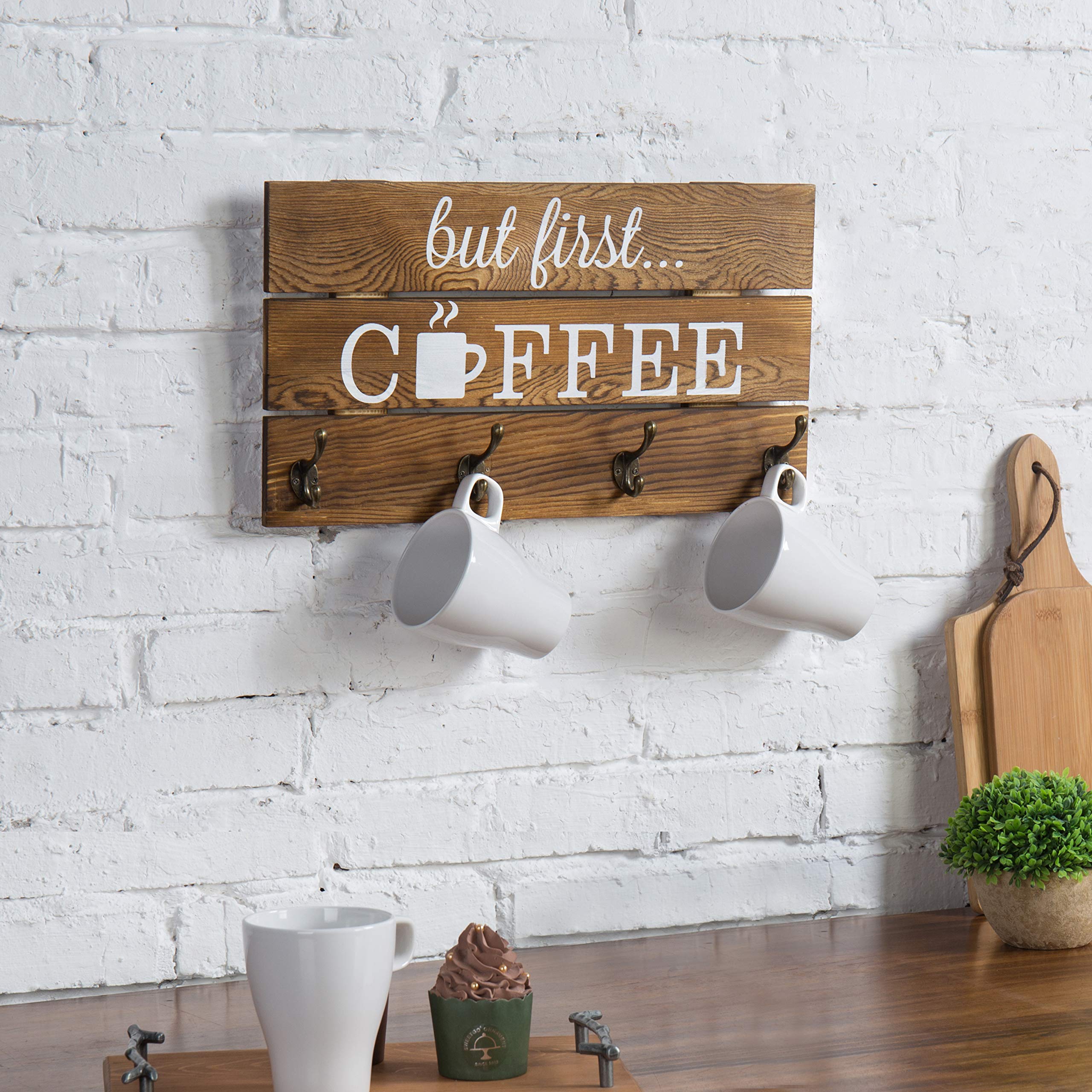 MyGift Burnt Wood Coffee Mug Wall Rack, Wall Mounted Decorative Coffee Bar Sign with 'But First Coffee' and 8 Dual Hooks