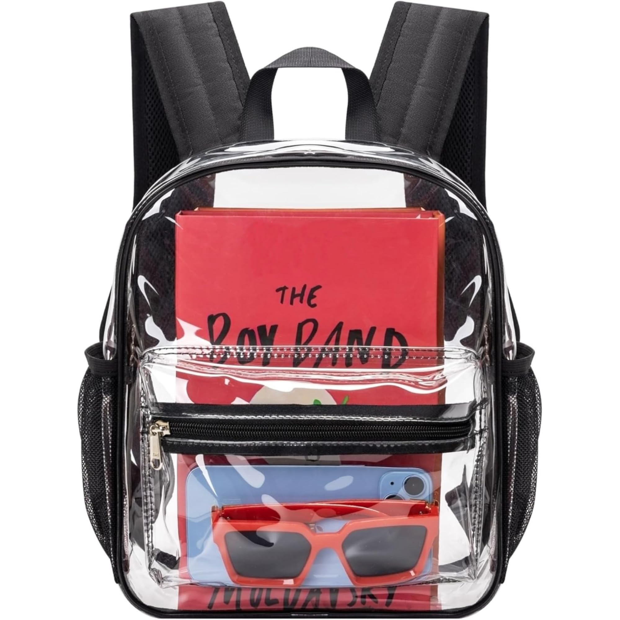 MAY TREE Clear Backpack Stadium Approved, Mini Clear Backpack, Heavy Duty Waterproof Transparent PVC Backpack (Black)