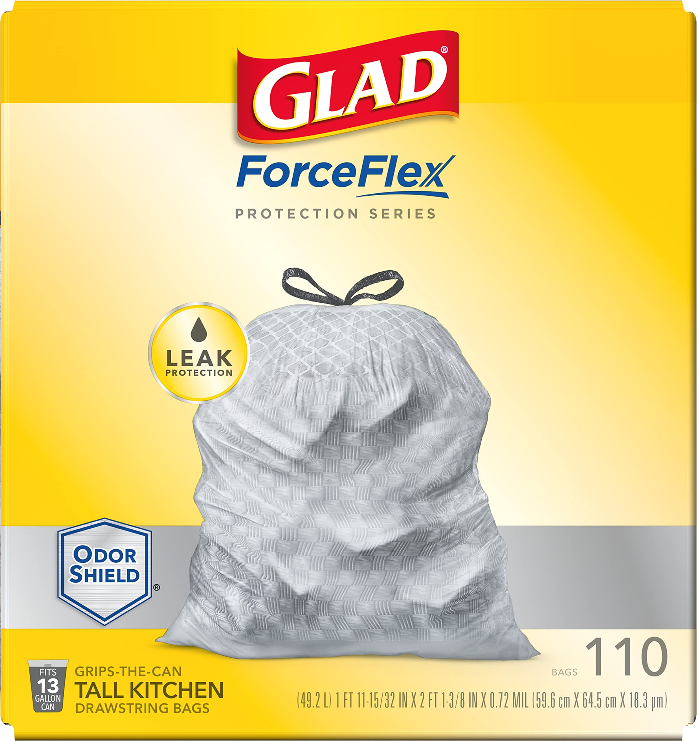 GLAD ForceFlex Tall Kitchen Drawstring Trash Bags, 13 Gallon Grey Trash Bag for Kitchen Trash Can, Odor Shield, Odor Eliminator and Leak Protection, 110 Count