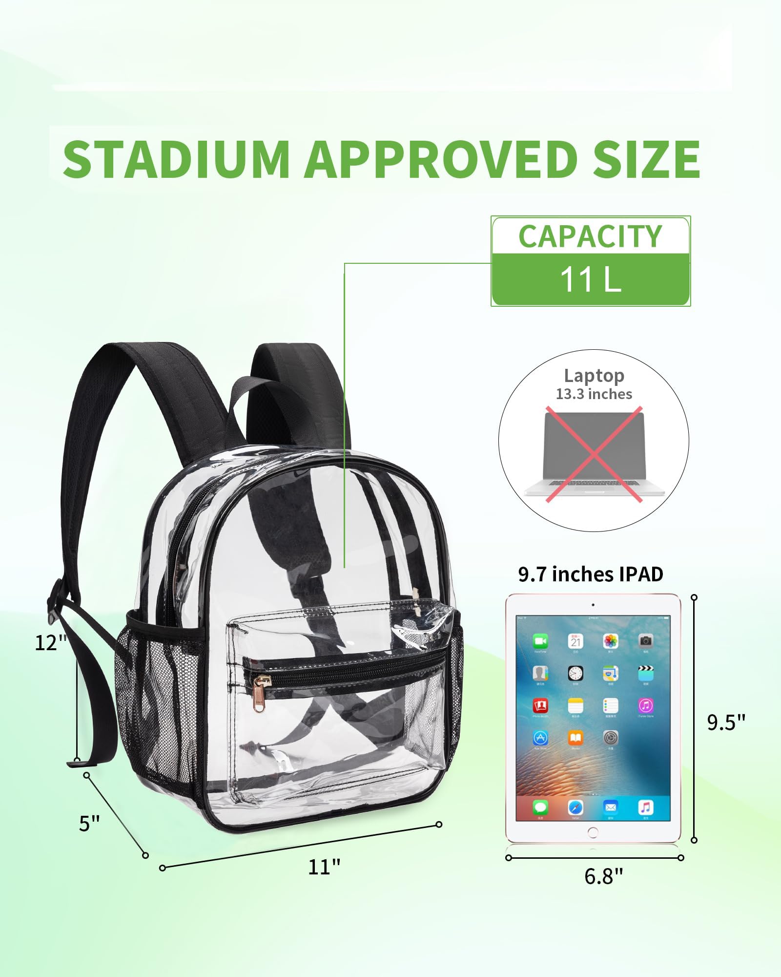 MAY TREE Clear Backpack Stadium Approved, Mini Clear Backpack, Heavy Duty Waterproof Transparent PVC Backpack (Black)