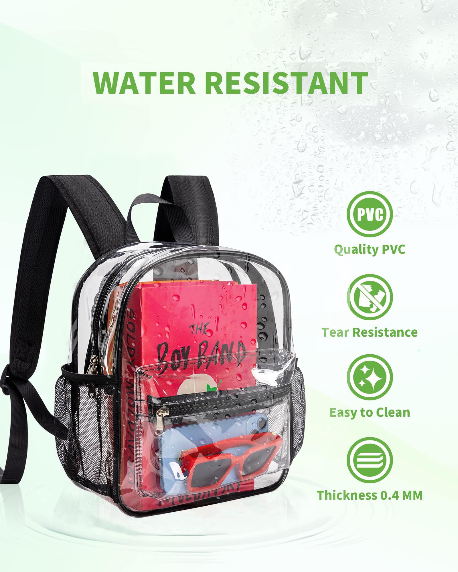 MAY TREE Clear Backpack Stadium Approved, Mini Clear Backpack, Heavy Duty Waterproof Transparent PVC Backpack (Black)