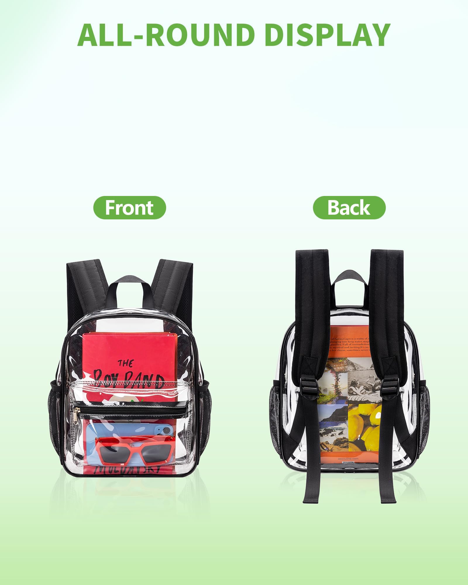 MAY TREE Clear Backpack Stadium Approved, Mini Clear Backpack, Heavy Duty Waterproof Transparent PVC Backpack (Black)