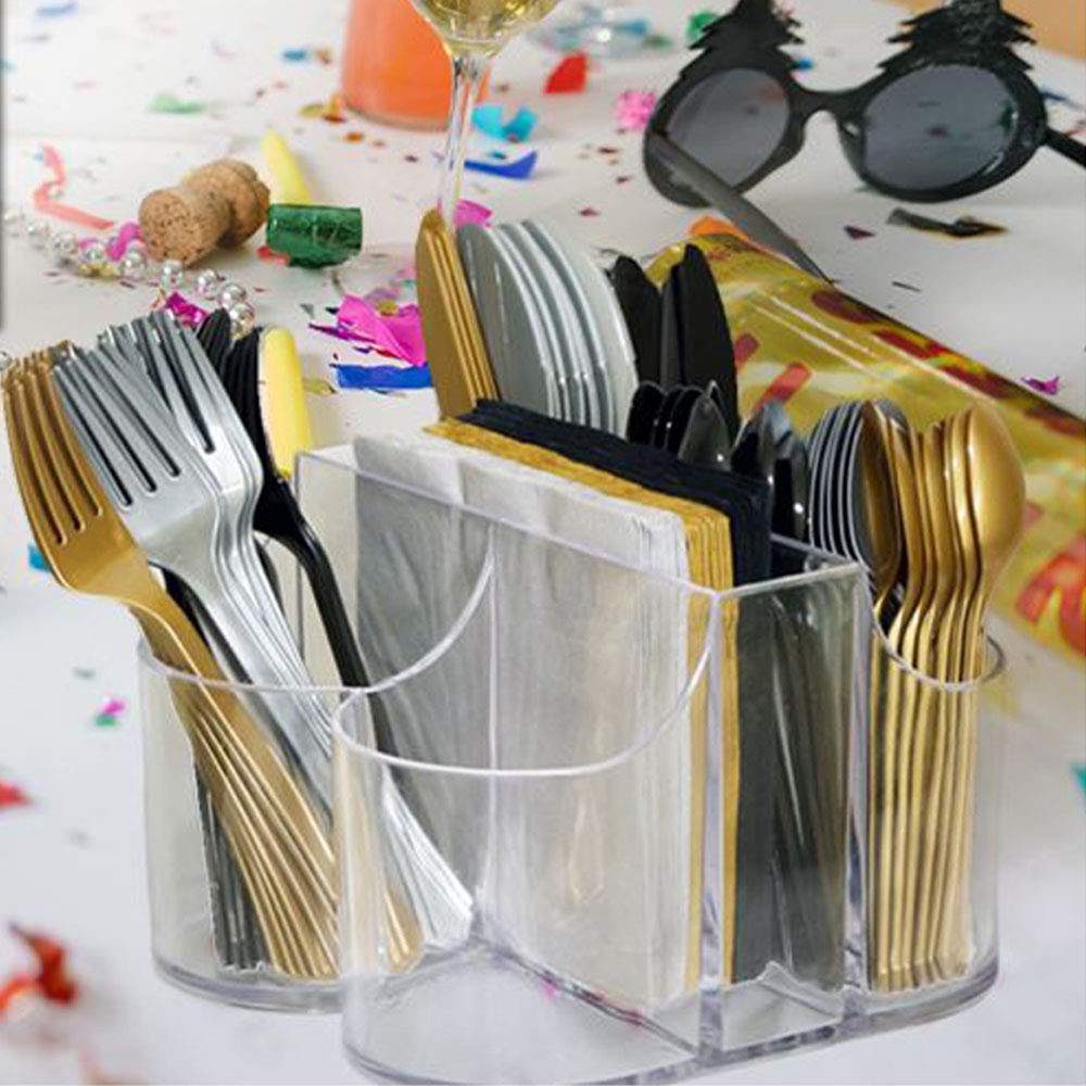 Tiger Chef 5 Compartment Clear Utensil Caddy. Organizer for Silverware Napkins Cups Tabletop Condiment for Dining Table Party Buffet Entertaining Picnics BBQ