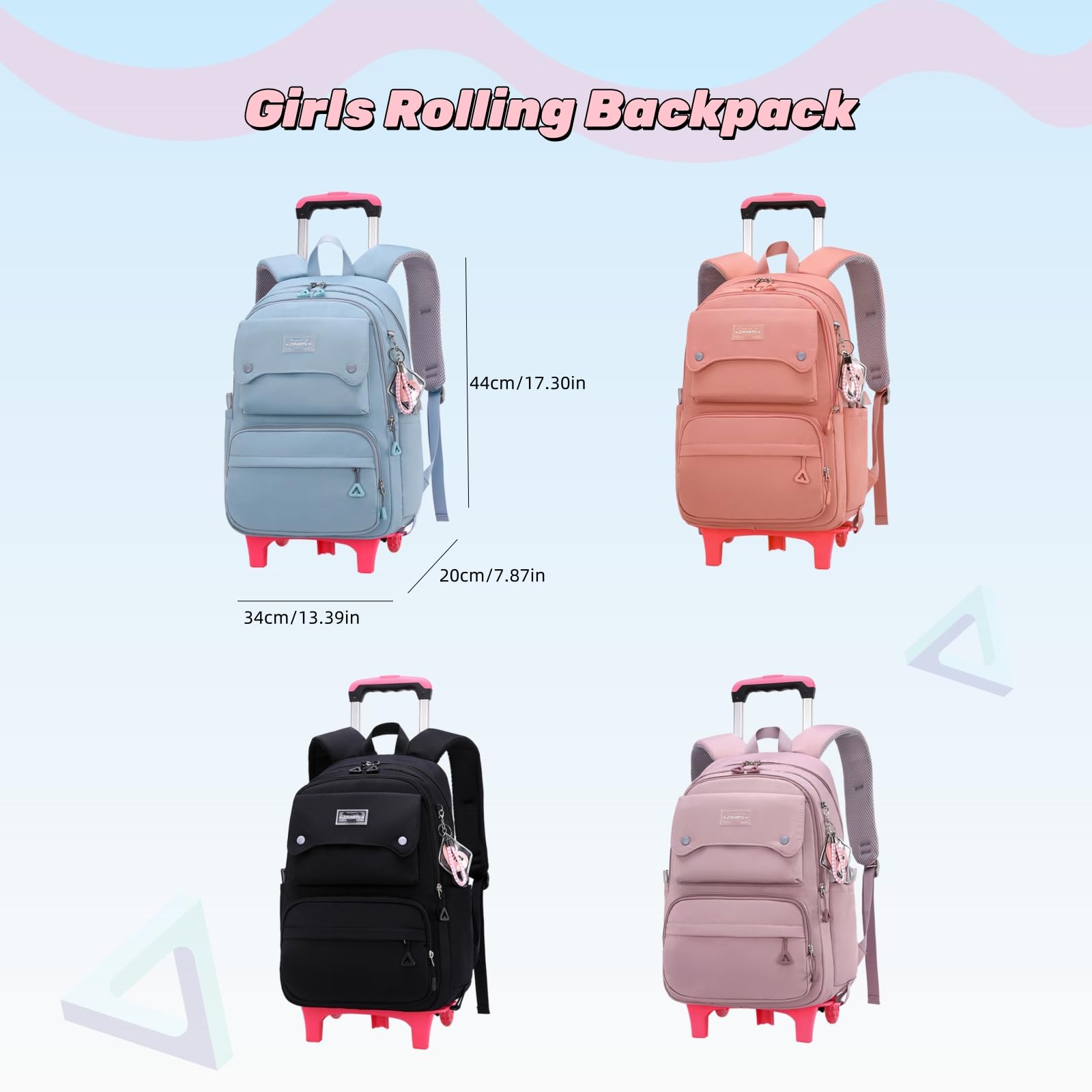 LANSHIYA Solid Color Girls Rolling Backpack with Wheels Schoolbag Elementary School Student Trolley Daypack Outdoor Travel bag