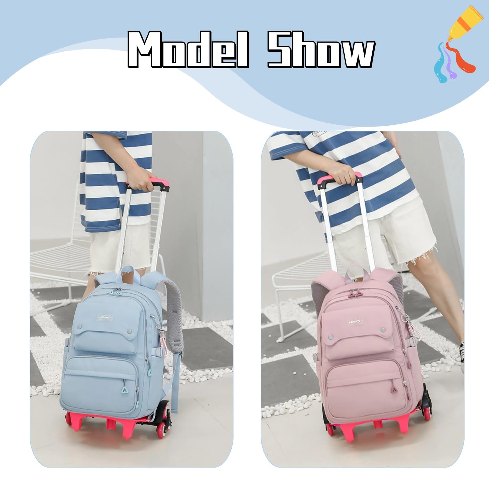 LANSHIYA Solid Color Girls Rolling Backpack with Wheels Schoolbag Elementary School Student Trolley Daypack Outdoor Travel bag
