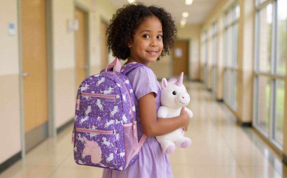 Girl's Backpack With Plush Applique And Multiple Pockets