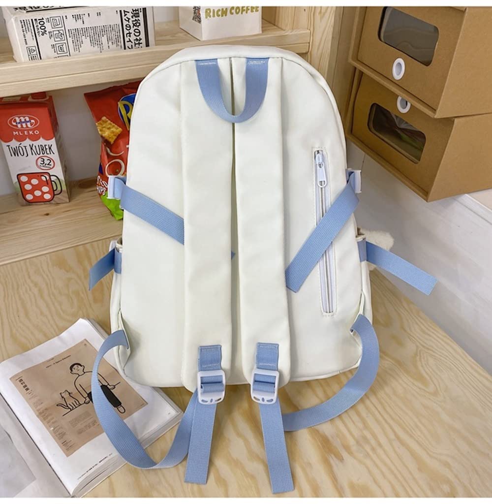 Aesthetic Backpack with Purse and Plushies Cute Kawaii Backpack with Accessories Japanese Backpack for School Teen Girls (Beige Light Blue)