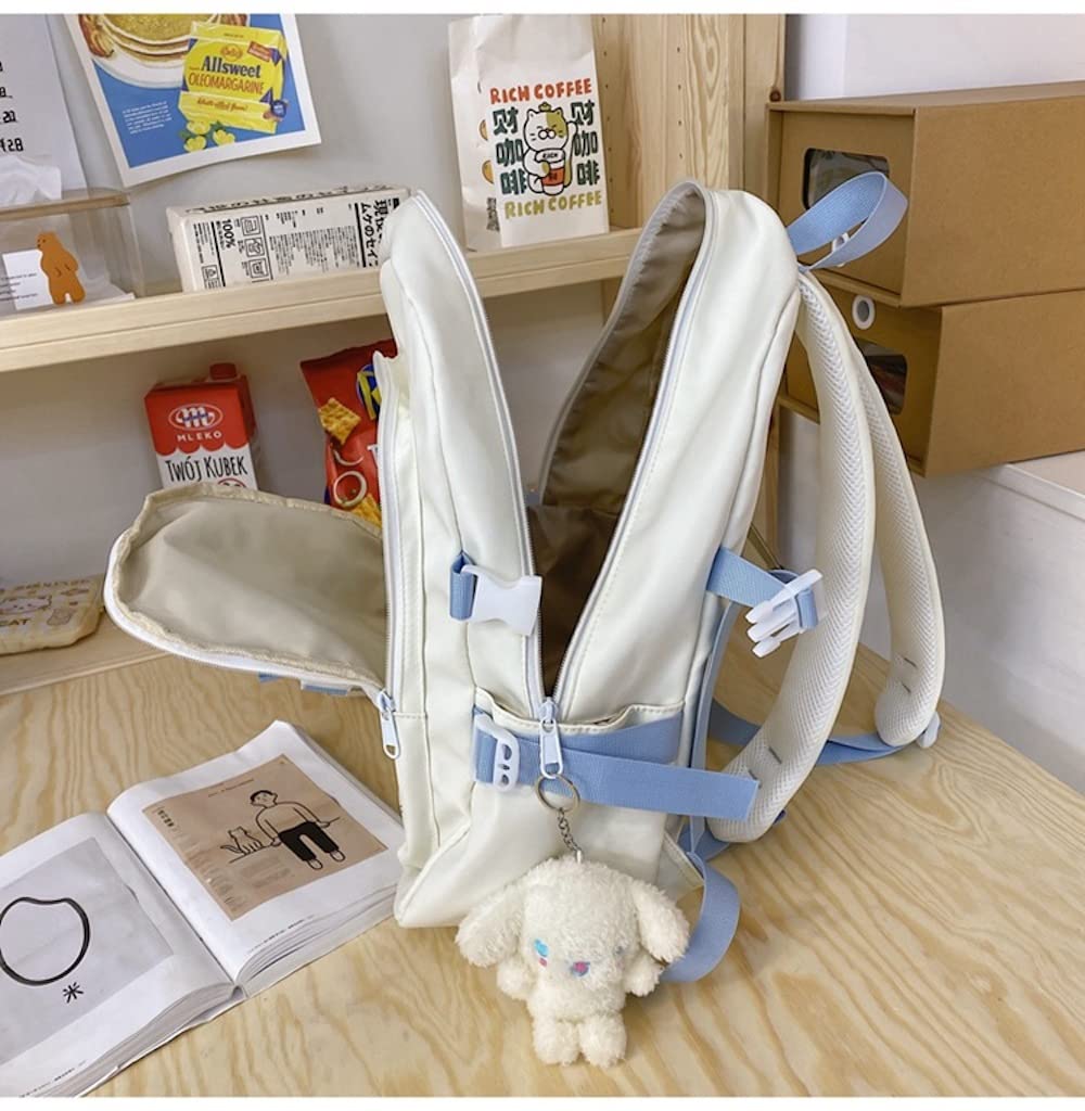 Aesthetic Backpack with Purse and Plushies Cute Kawaii Backpack with Accessories Japanese Backpack for School Teen Girls (Beige Light Blue)