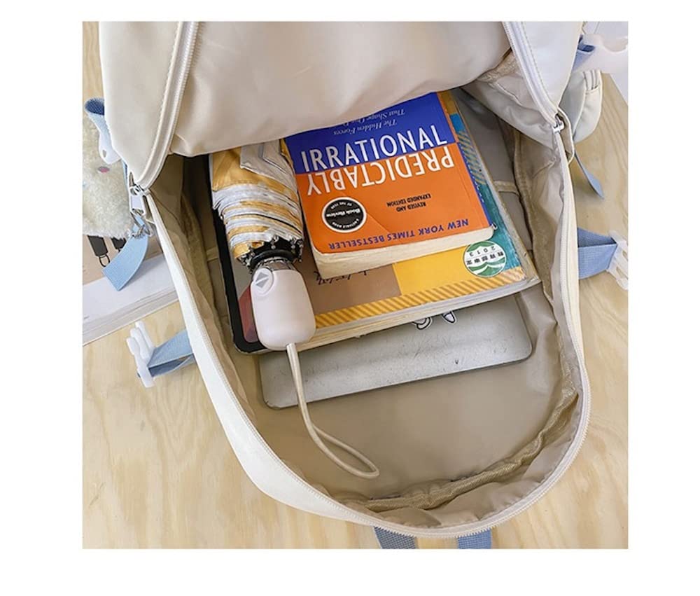 Aesthetic Backpack with Purse and Plushies Cute Kawaii Backpack with Accessories Japanese Backpack for School Teen Girls (Beige Light Blue)