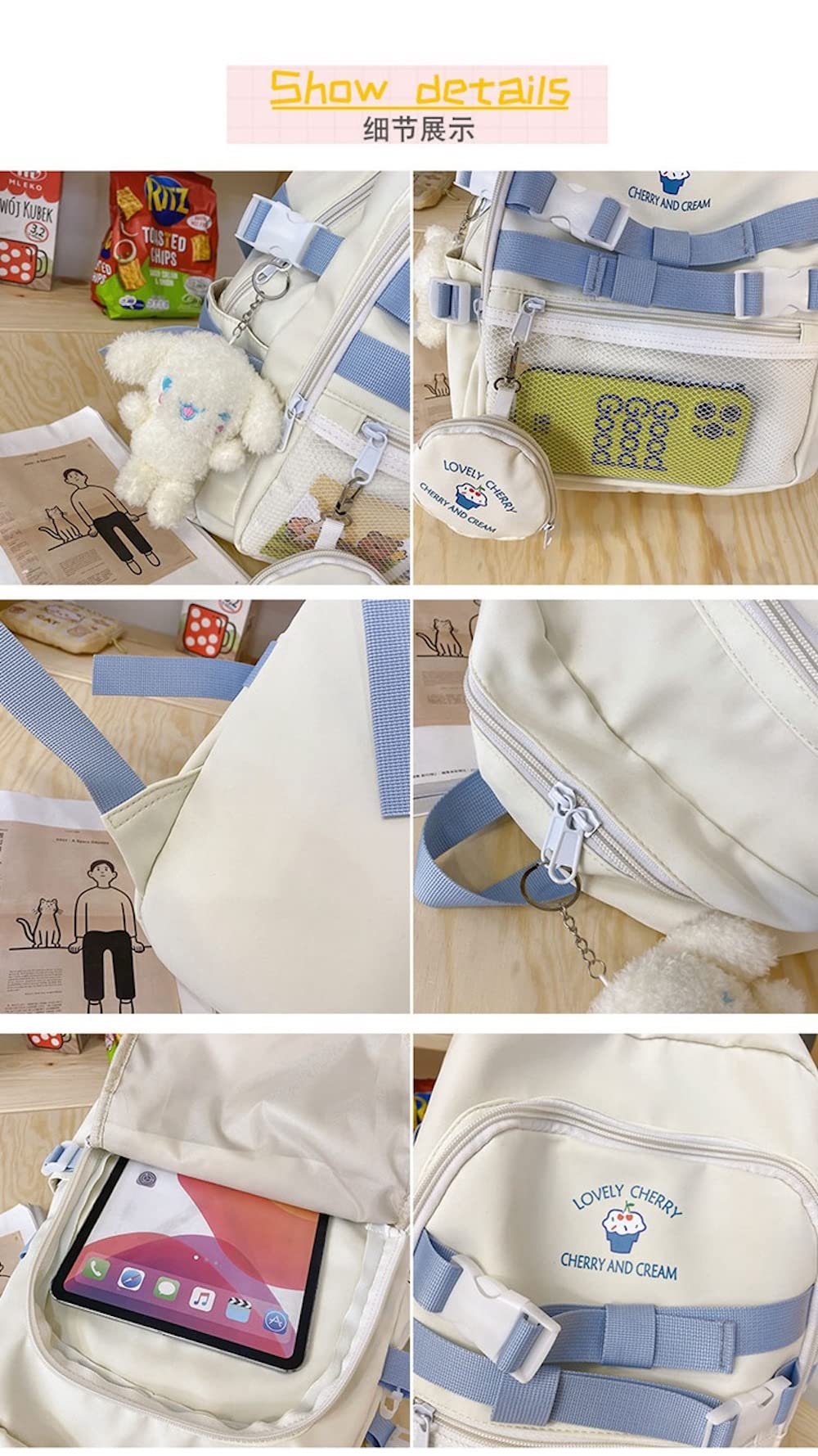 Aesthetic Backpack with Purse and Plushies Cute Kawaii Backpack with Accessories Japanese Backpack for School Teen Girls (Beige Light Blue)