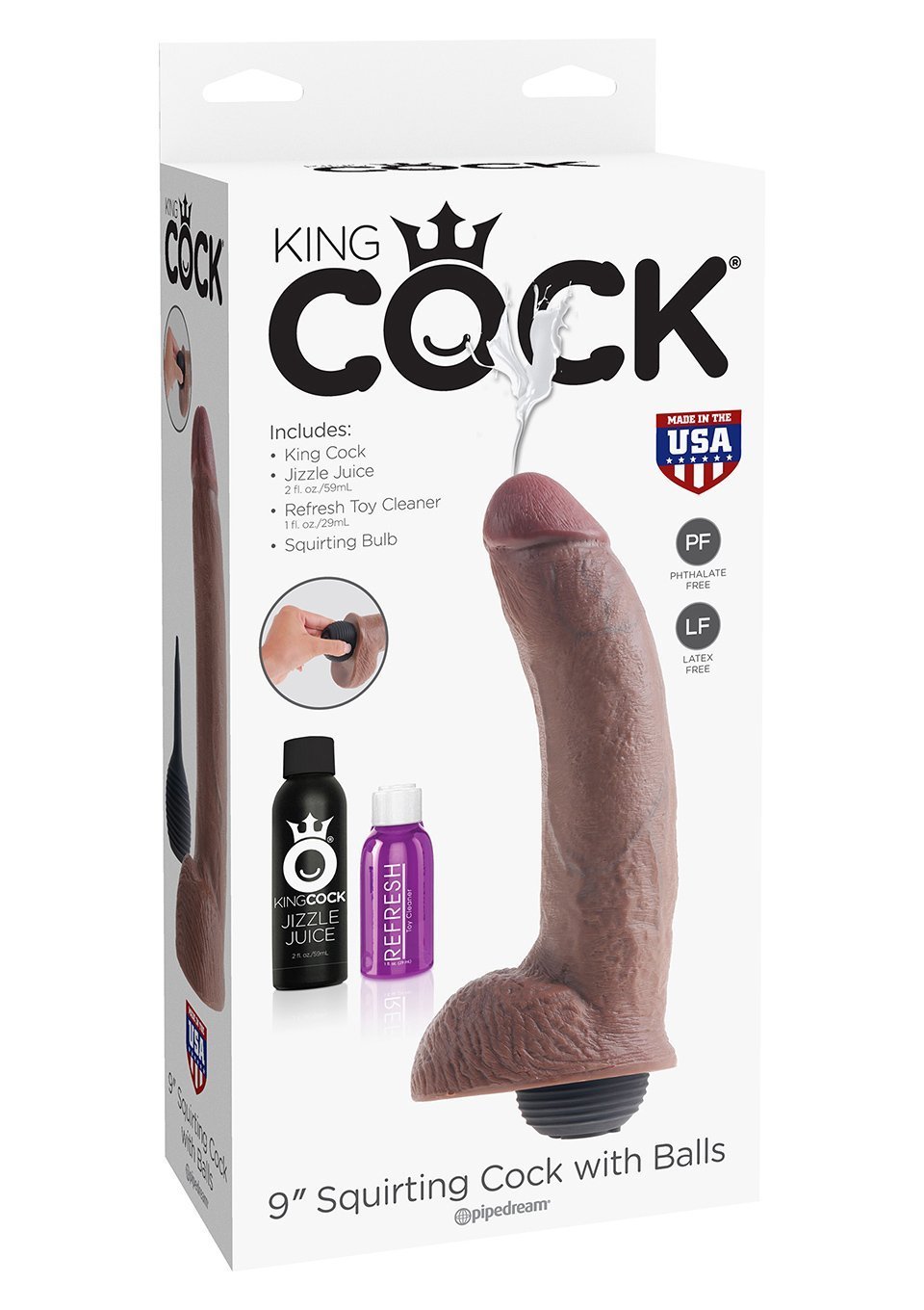 Pipedream King Cock Squirting Cock with Balls, 9", Brown
