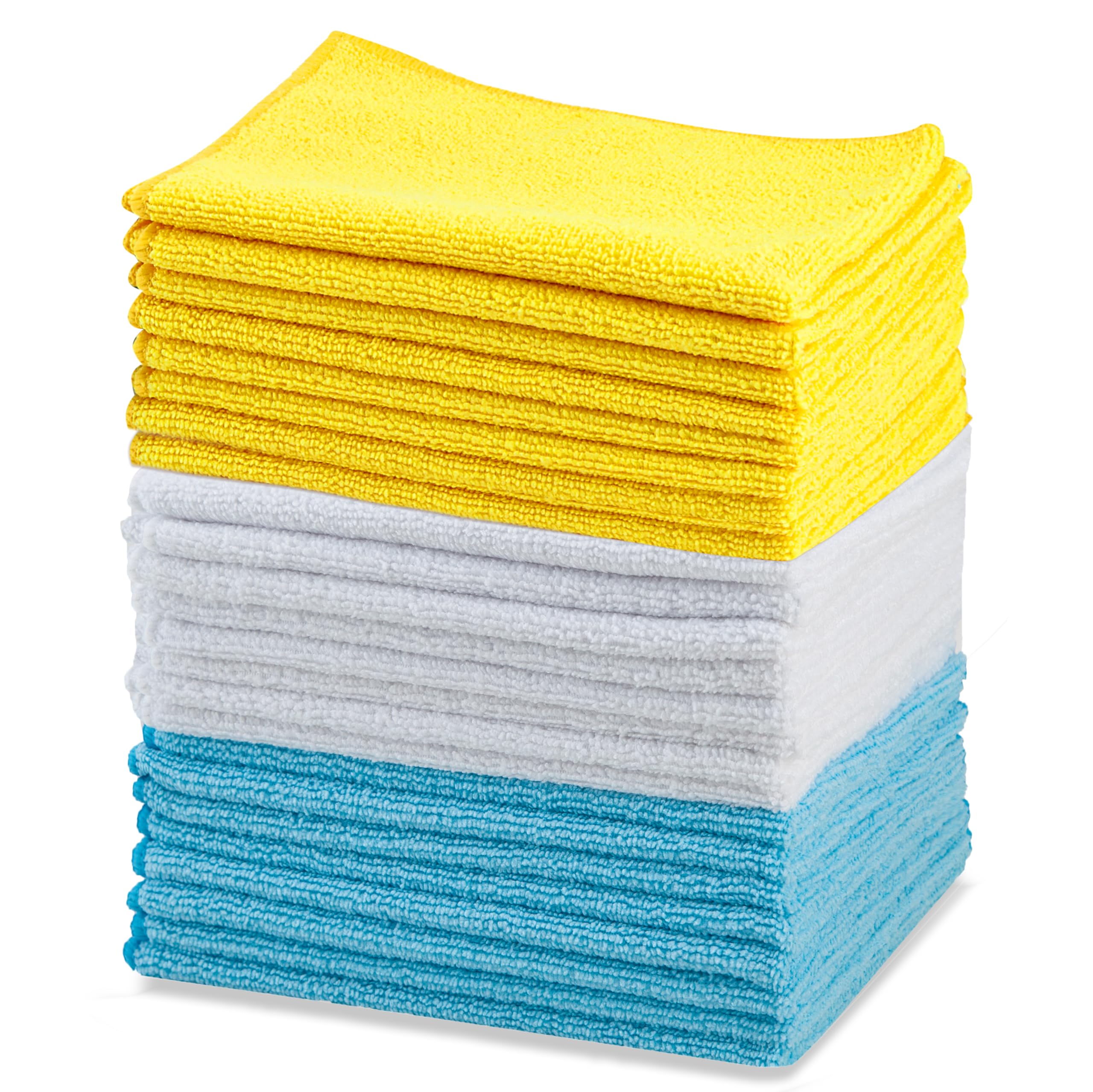 Amazon Basics Microfiber Cleaning Cloths, Non-Abrasive, Reusable and Washable - Pack of 24, 12 x16-Inch, Blue, White and Yellow