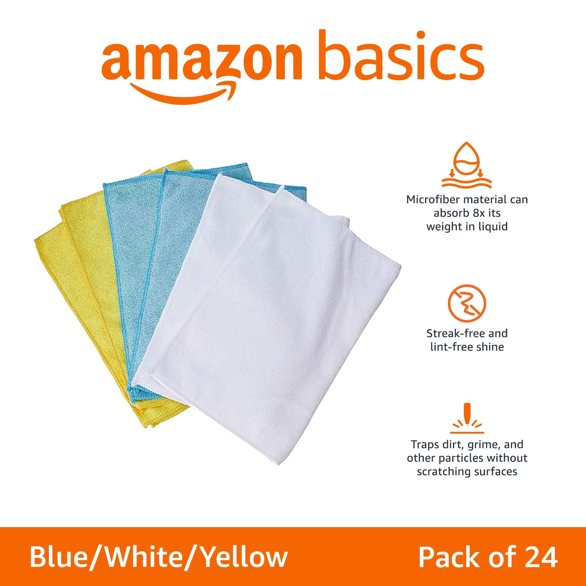 Amazon Basics Microfiber Cleaning Cloths, Non-Abrasive, Reusable and Washable - Pack of 24, 12 x16-Inch, Blue, White and Yellow