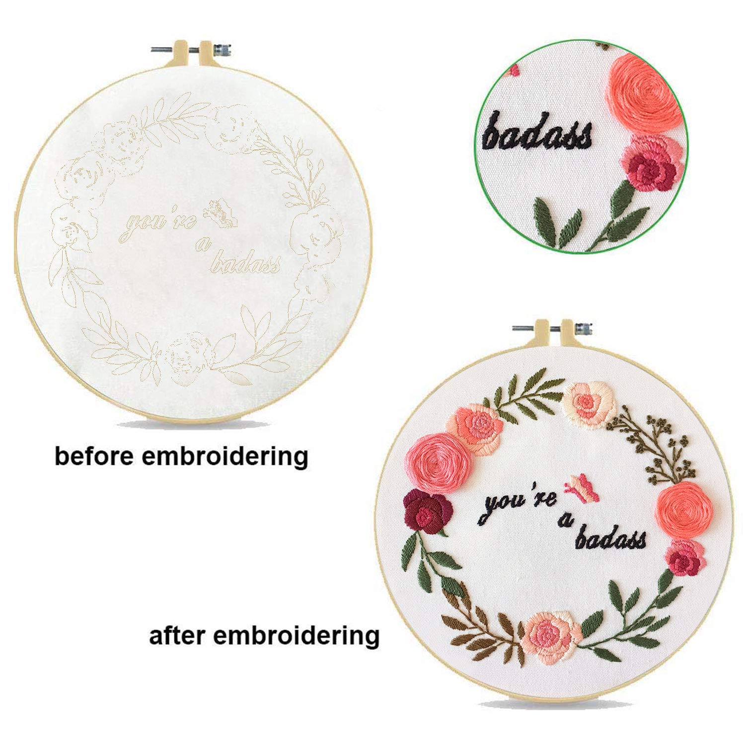 ORANDESIGNE Funny Embroidery Kit for Beginners, Stamped Cross Stitch Kits for Beginners Adults Patterned Needlepoint Embroidery Hoops Cloth Color Thread Floss Flowers Plants Cactus