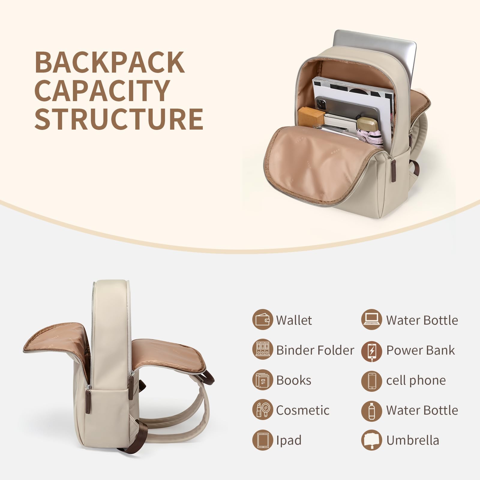 GOLF SUPAGS Womens Laptop Backpack with Separate Laptop Compartment Water Resistant Computer Backpacks Fits 15.6 Inch Notebook Travel Work College Bags (Apricot)