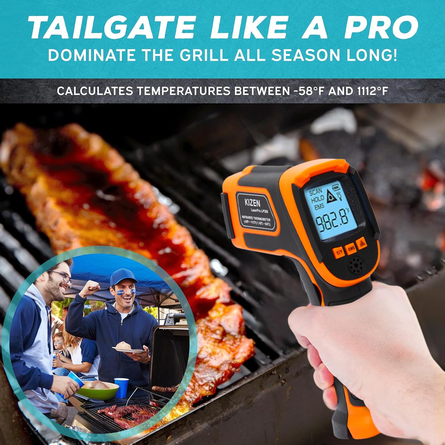 KIZEN Infrared Thermometer Gun (LaserPro LP300) - Handheld Heat Temperature Gun for Cooking, Pizza Oven, Grill & Engine - Laser Surface Temp Reader -58F to 1112F - NOT for Humans