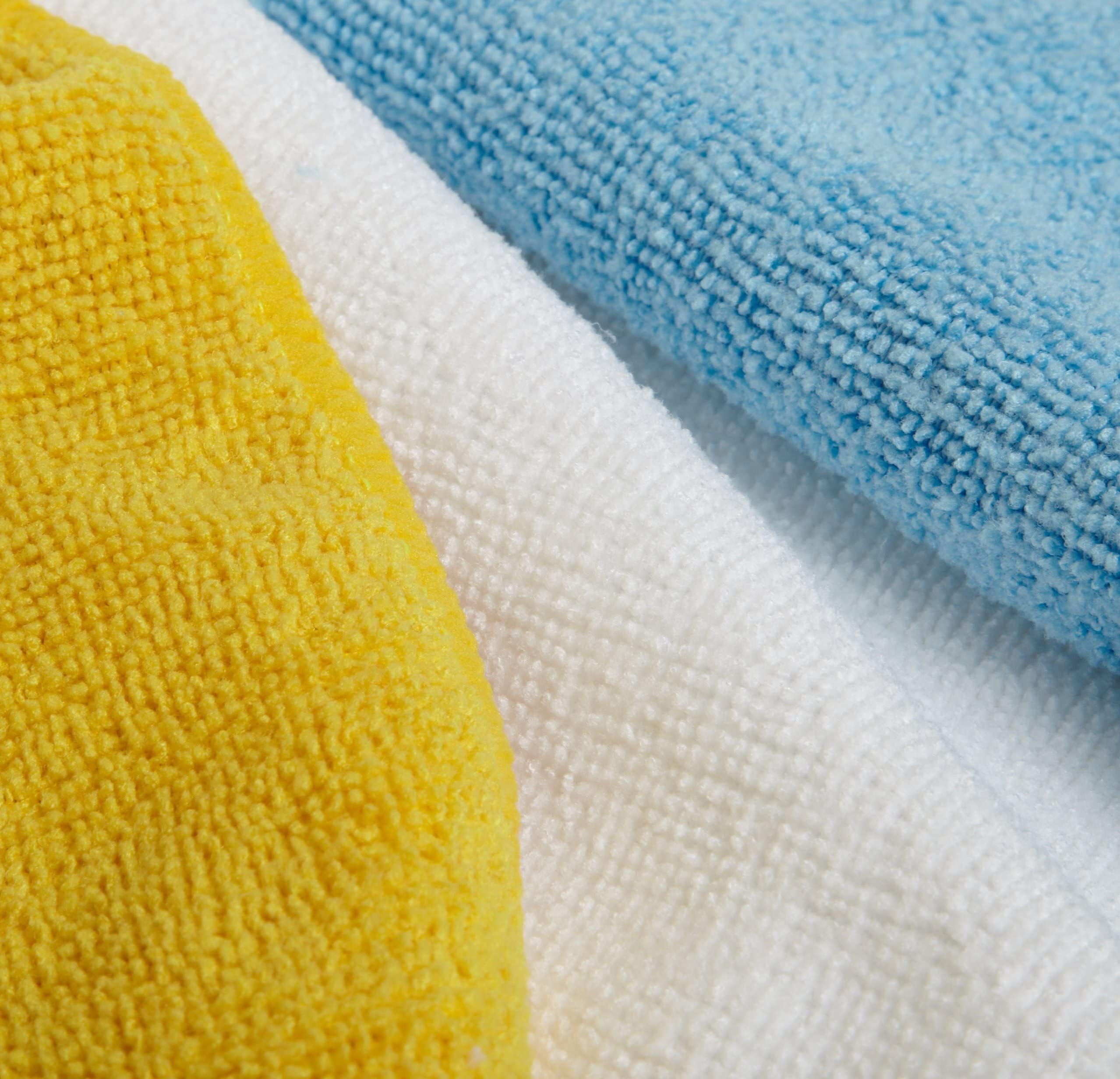 Amazon Basics Microfiber Cleaning Cloths, Non-Abrasive, Reusable and Washable - Pack of 24, 12 x16-Inch, Blue, White and Yellow