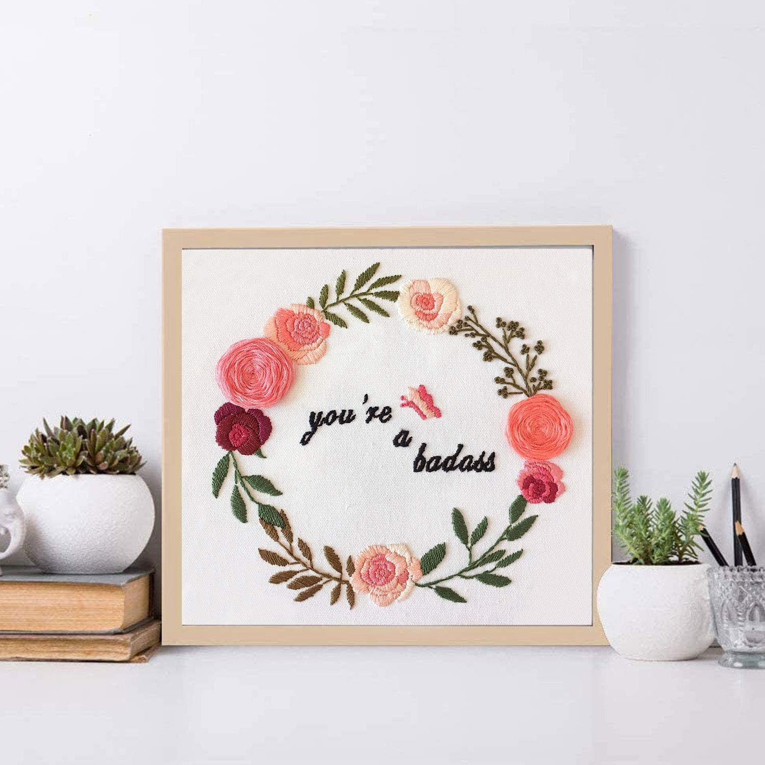 ORANDESIGNE Funny Embroidery Kit for Beginners, Stamped Cross Stitch Kits for Beginners Adults Patterned Needlepoint Embroidery Hoops Cloth Color Thread Floss Flowers Plants Cactus