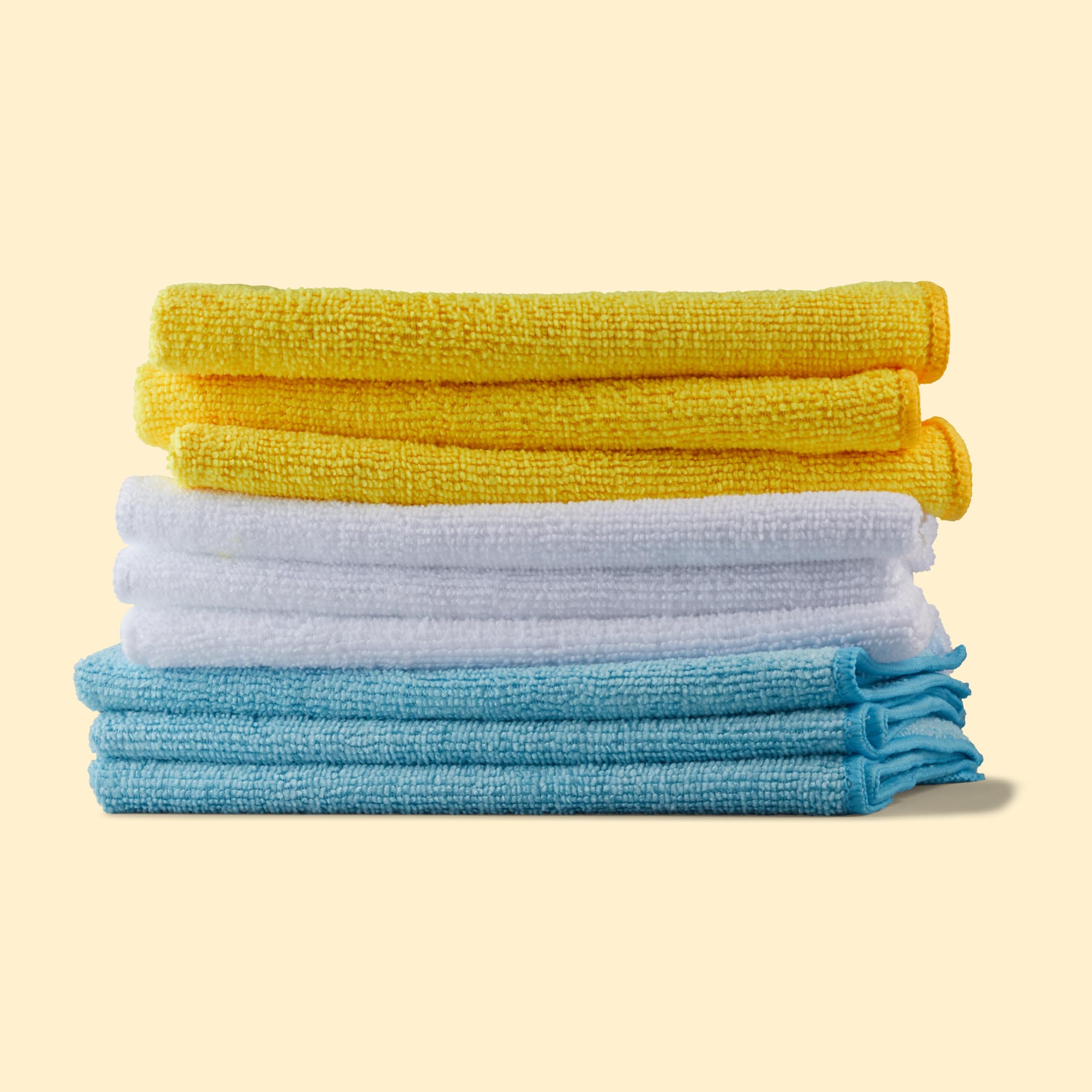 Amazon Basics Microfiber Cleaning Cloths, Non-Abrasive, Reusable and Washable - Pack of 24, 12 x16-Inch, Blue, White and Yellow