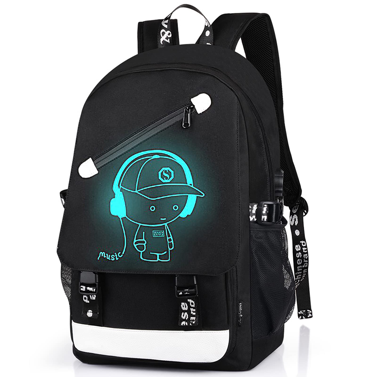 FEWOFJ School Backpack for Boys, Cartoon Luminous Bookbag 15.6inch Laptop Bag with USB Charging Port - Music Black
