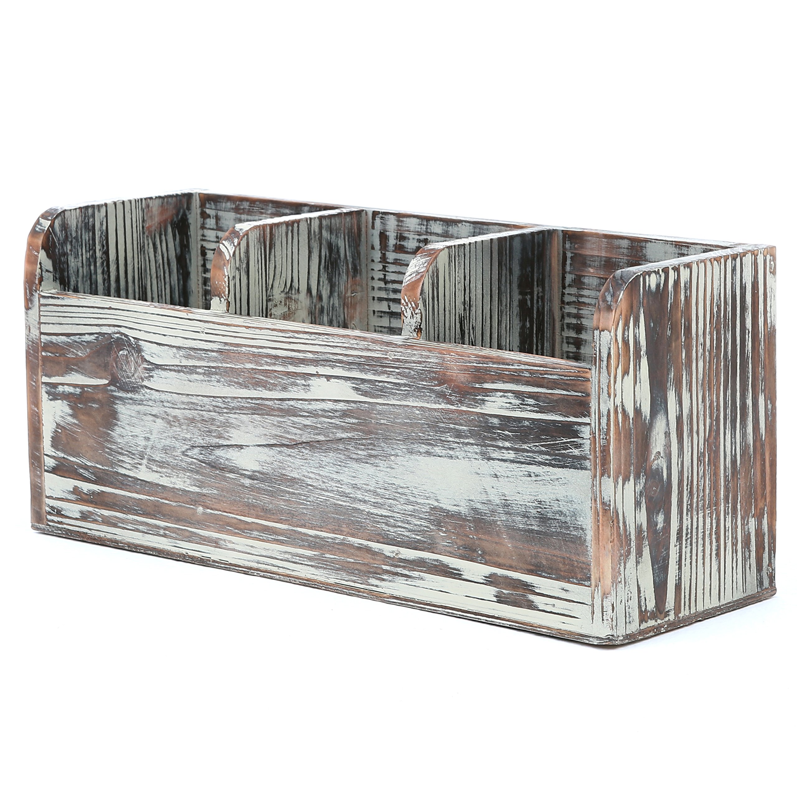 MyGift Torched Wood Kitchen Utensil Holder for Countertop with 3 Compartments, Coffee Bar Condiment Organizer Tray