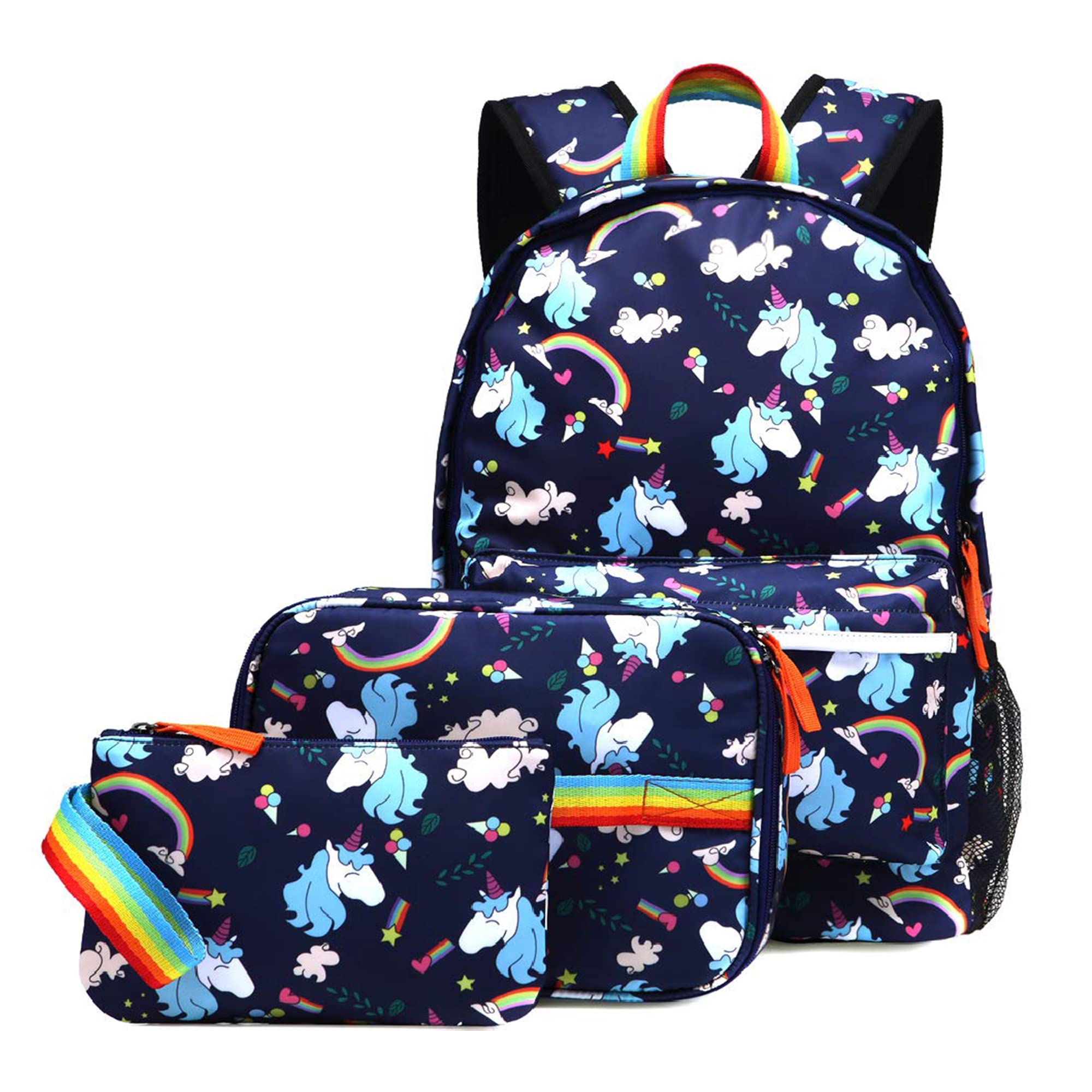 Kemy's Toddler Backpack for Elementary with Lunch Box and Pencil Pouch, Unicorn Kids Backpack for Girls School(Blue 3 Pieces)